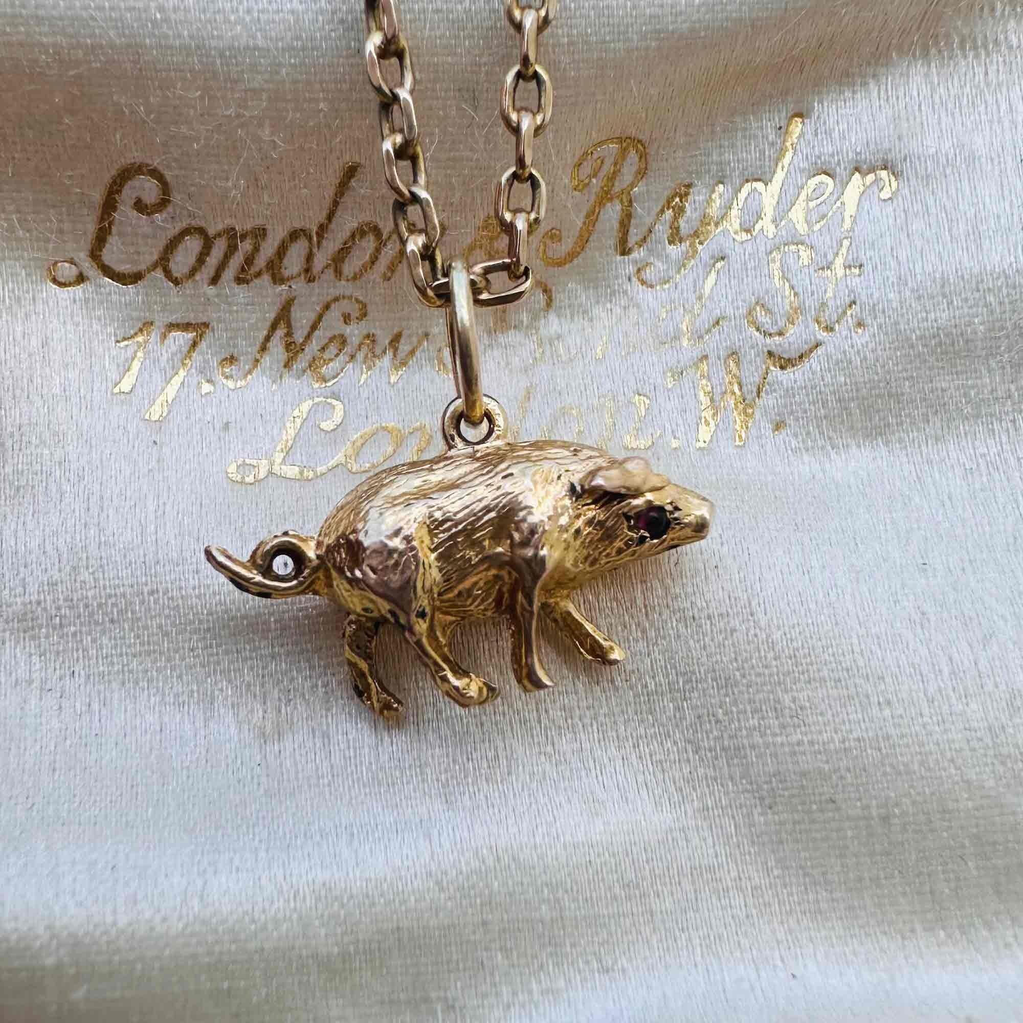 Victorian 9ct Gold Pig Charm with Ruby Eyes - Antique Animal Pendant