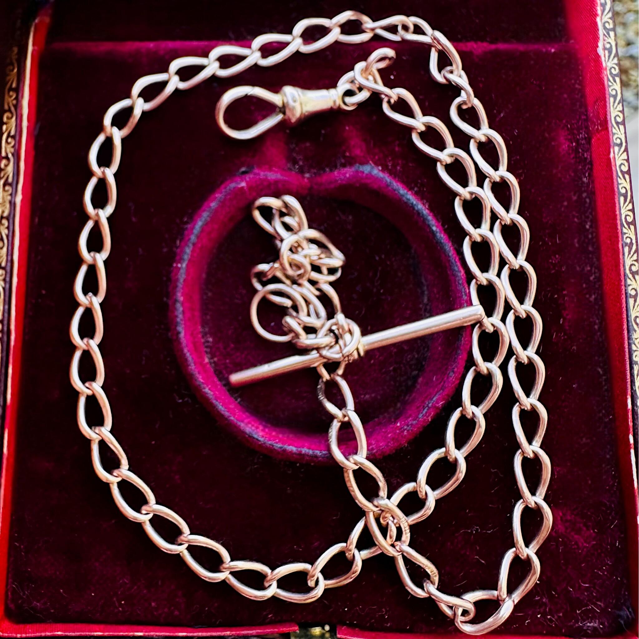 Antique 9ct Rose Gold Albert Chain, 45cm, T-Bar & Dog Clip, Vintage Jewelry