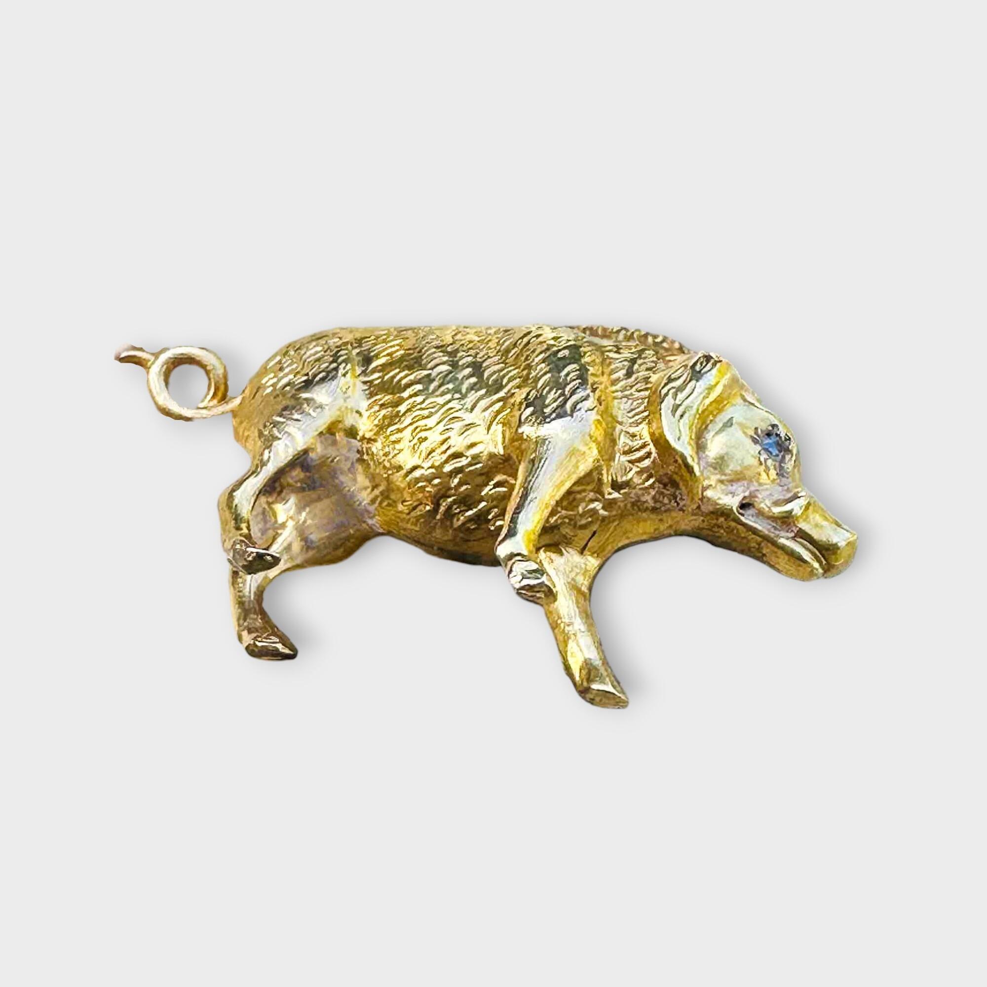 Victorian Gold Wild Boar Pendant with Diamond Eyes - Antique Charm