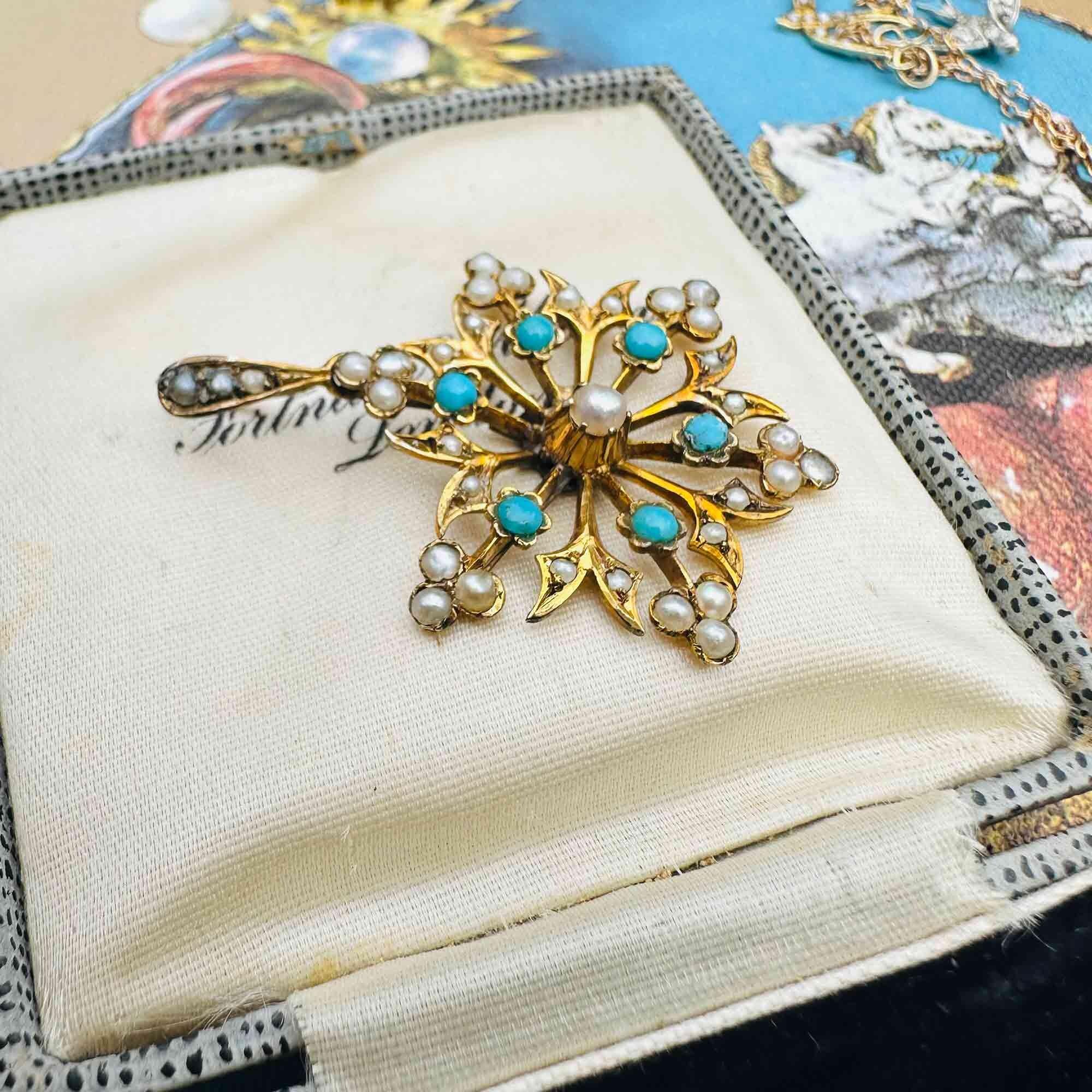 Antique 9ct Gold Turquoise Pearl Pendant, Art Nouveau Starburst Floral ...
