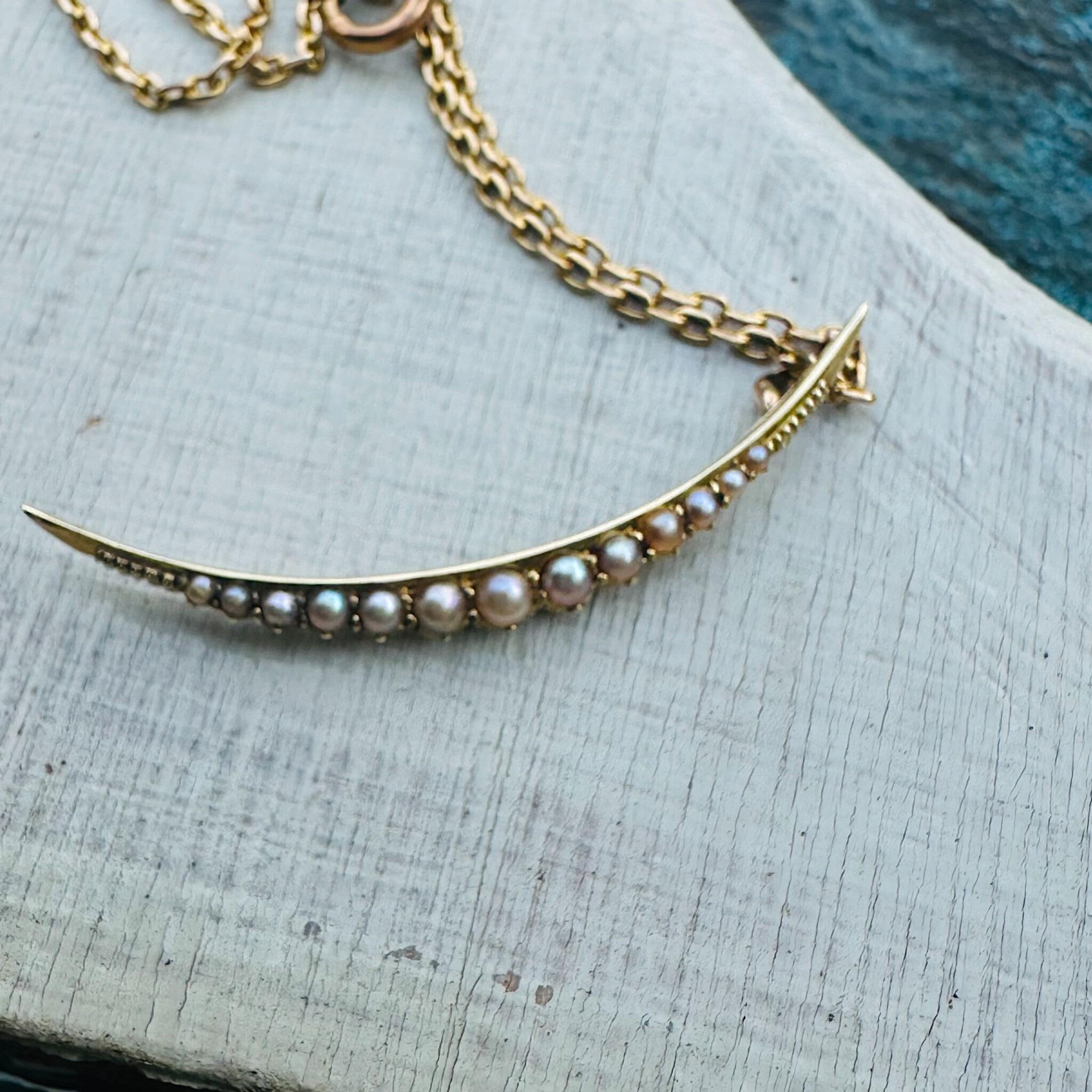 Victorian 15k Gold & Pearl Crescent Moon Pendant - Circa 1890