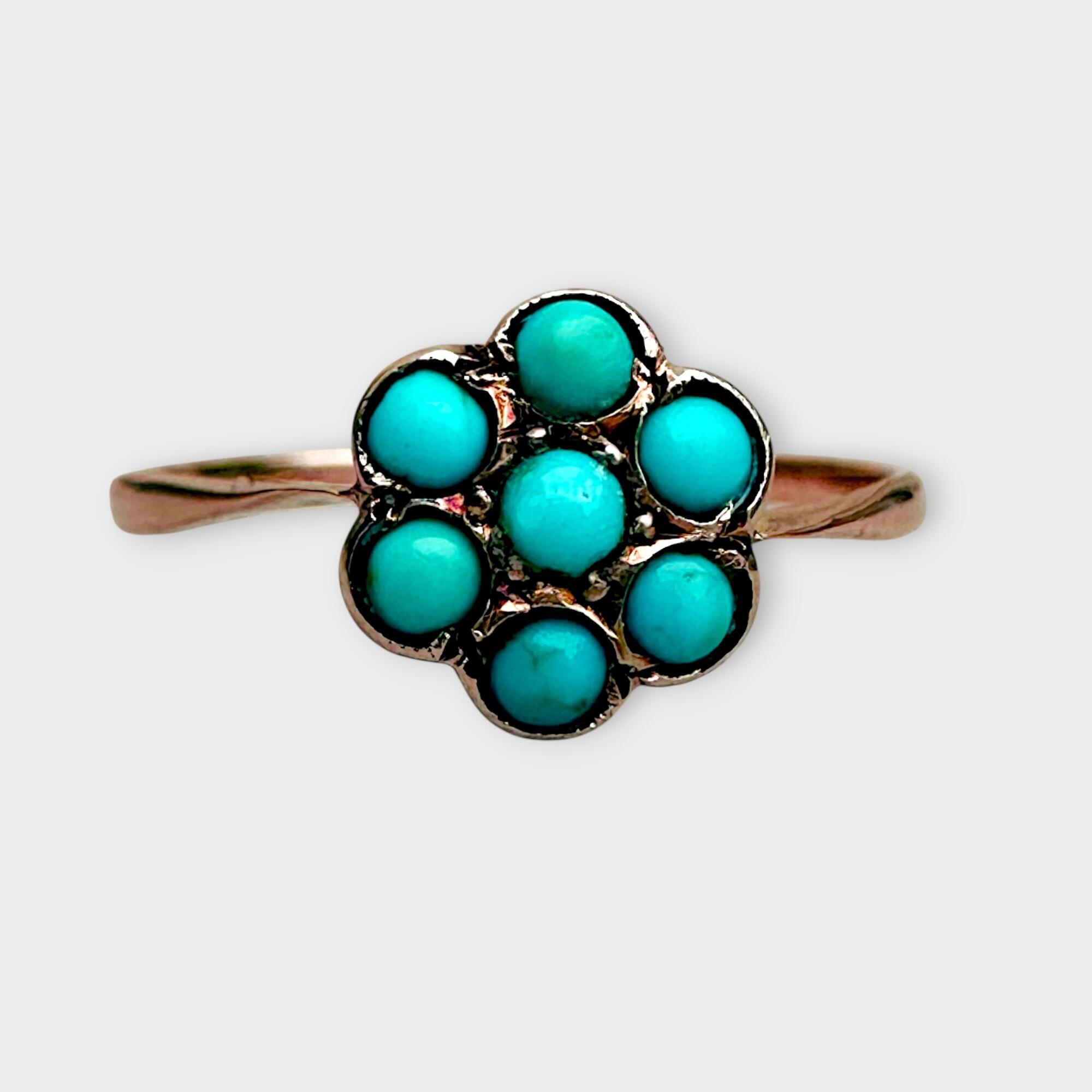 Edwardian 9ct Rose Gold Turquoise Daisy Ring - Vintage Floral Jewelry