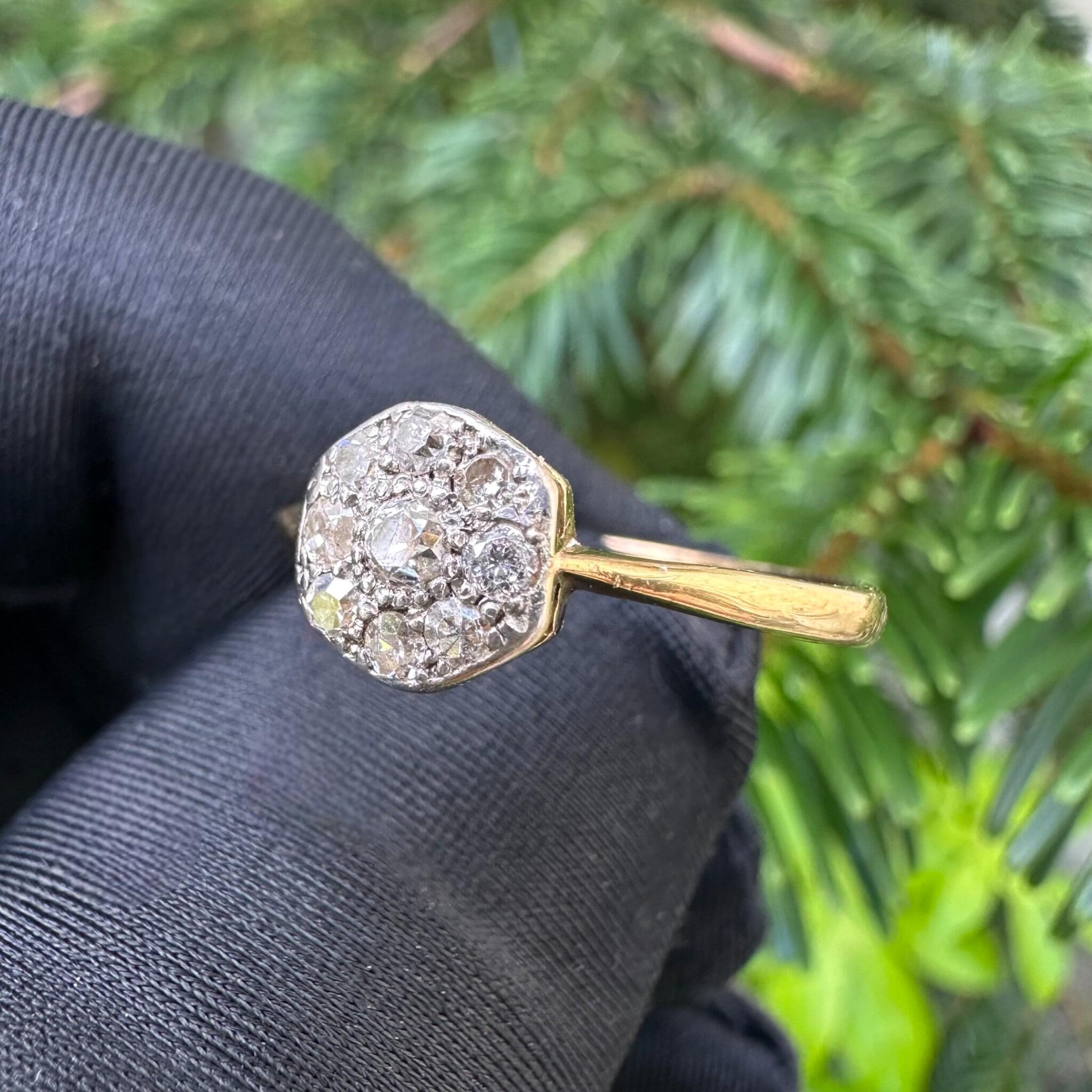Edwardian 18k Gold Diamond Hexagonal Cluster Ring - Vintage Elegance