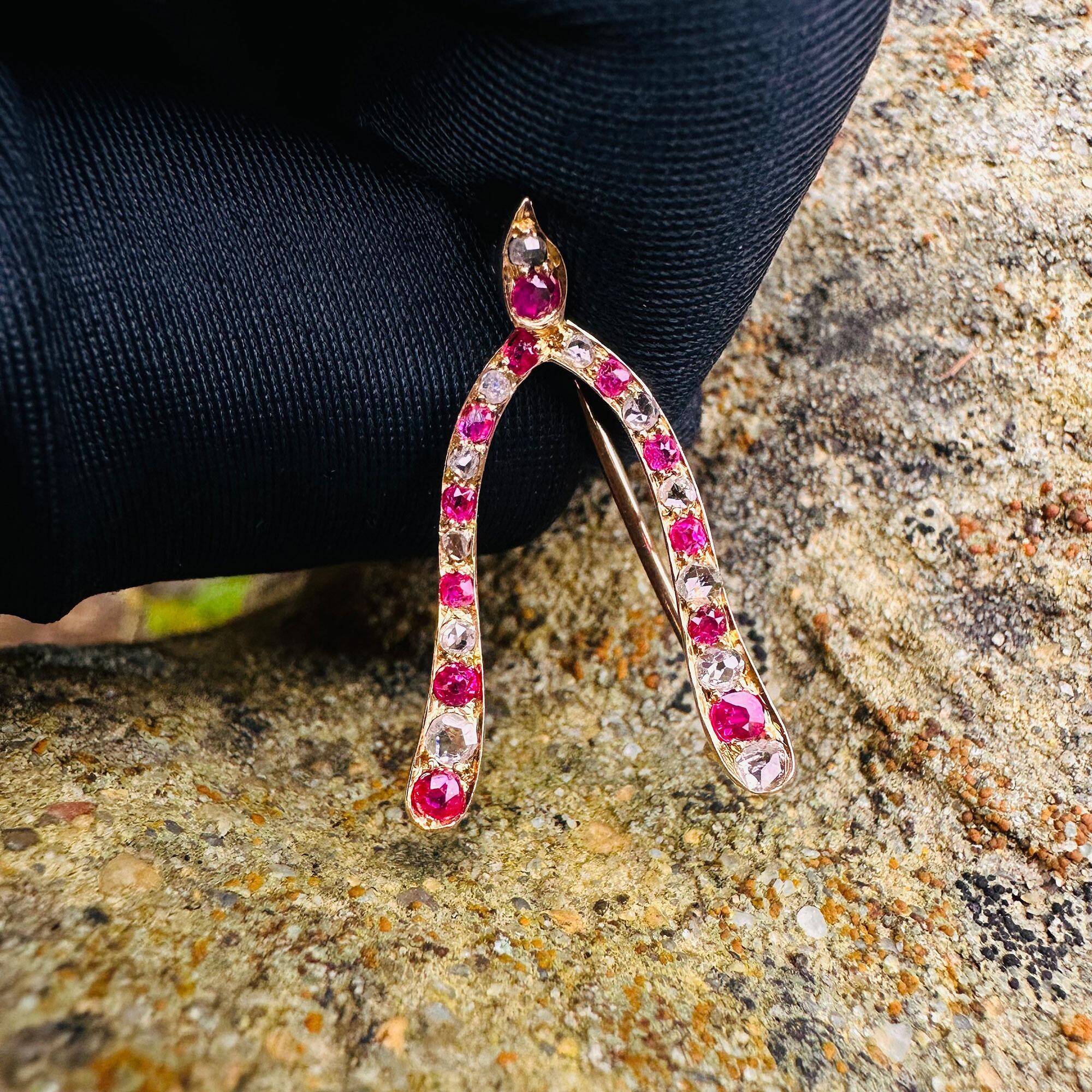 Antique Ruby & Diamond Wishbone Brooch, 17x27.5mm, Vintage Jewelry Charm