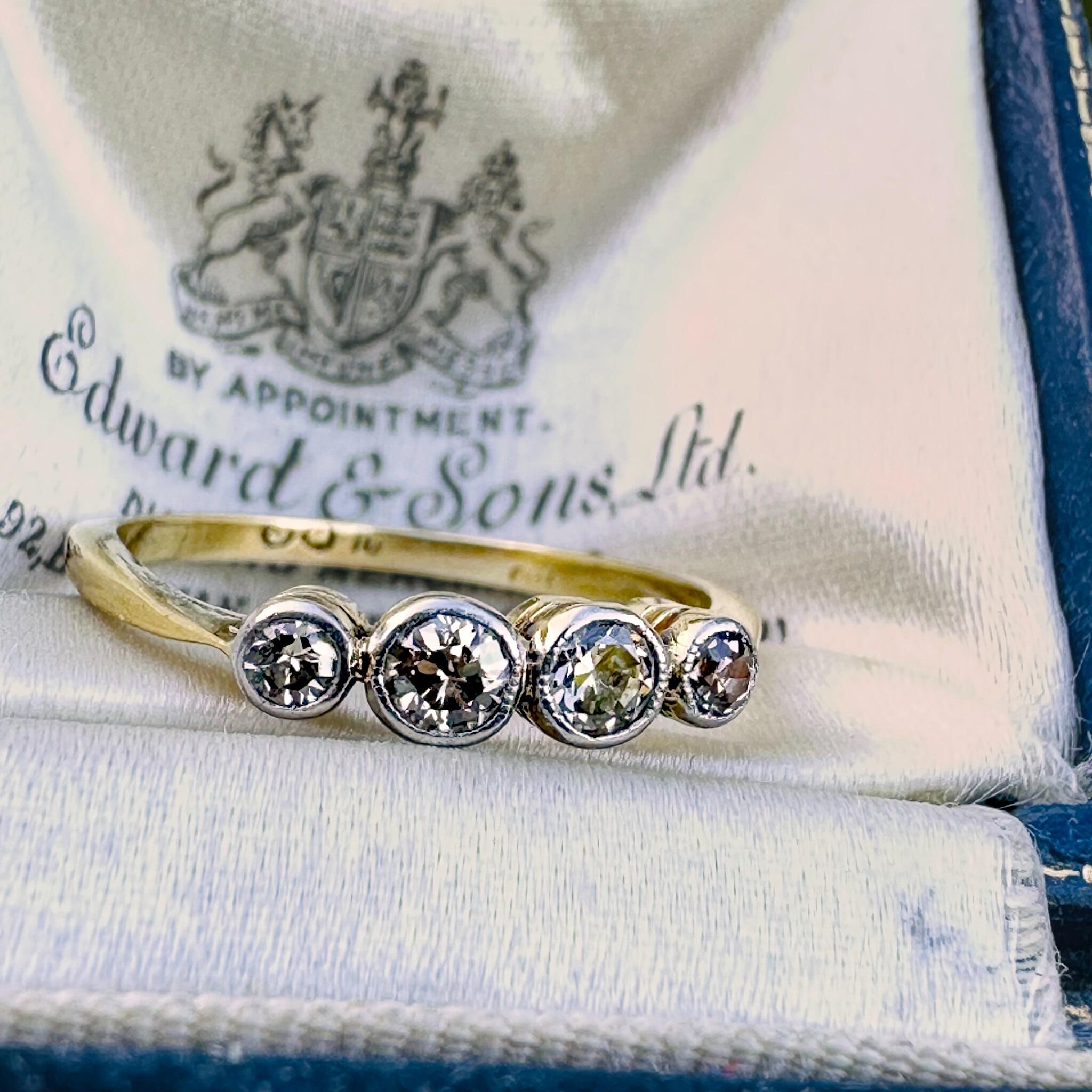Art Deco 4-Stone Diamond Bezel Set Antique Engagement Ring, 0.34 Carats