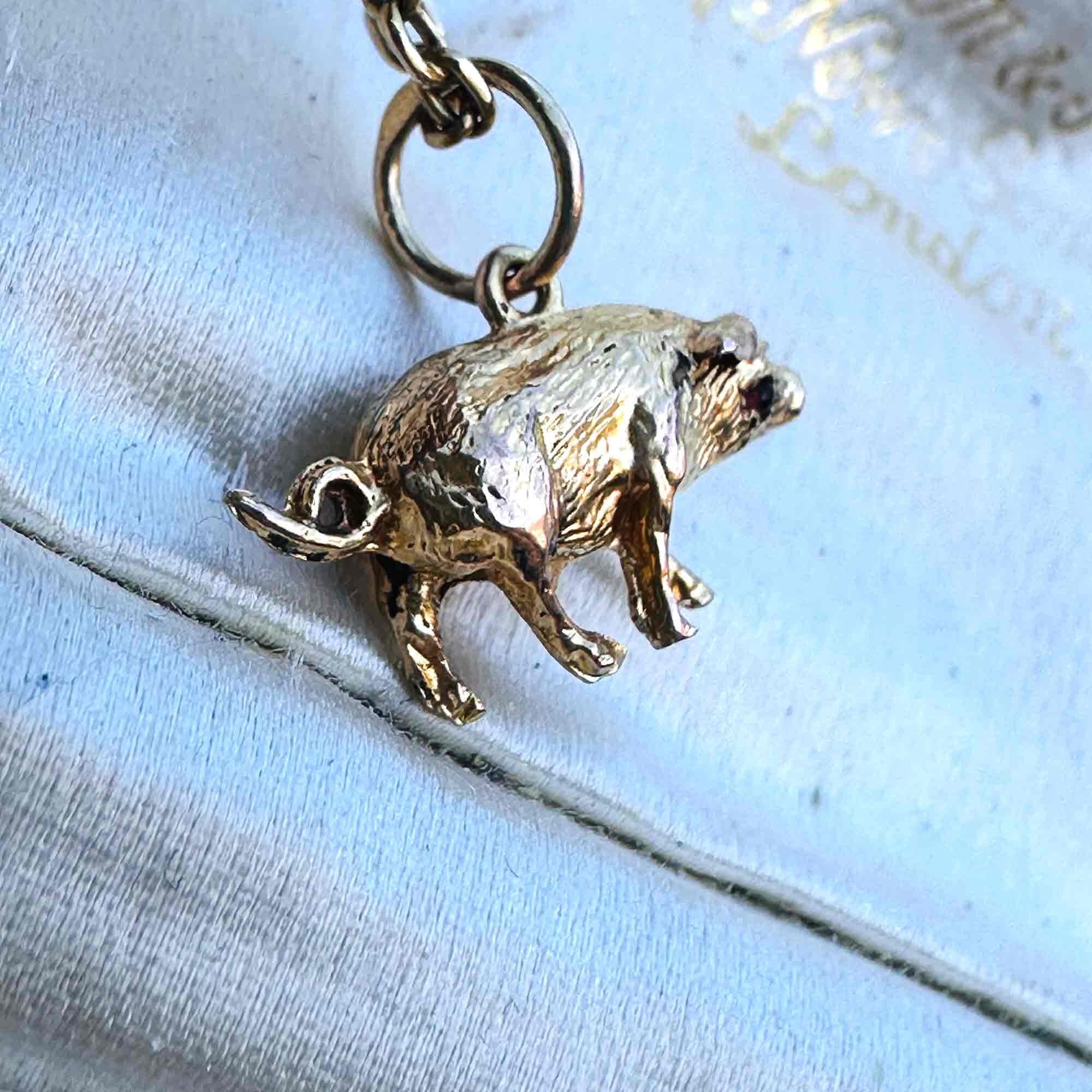 Victorian 9ct Gold Pig Charm with Ruby Eyes - Antique Animal Pendant