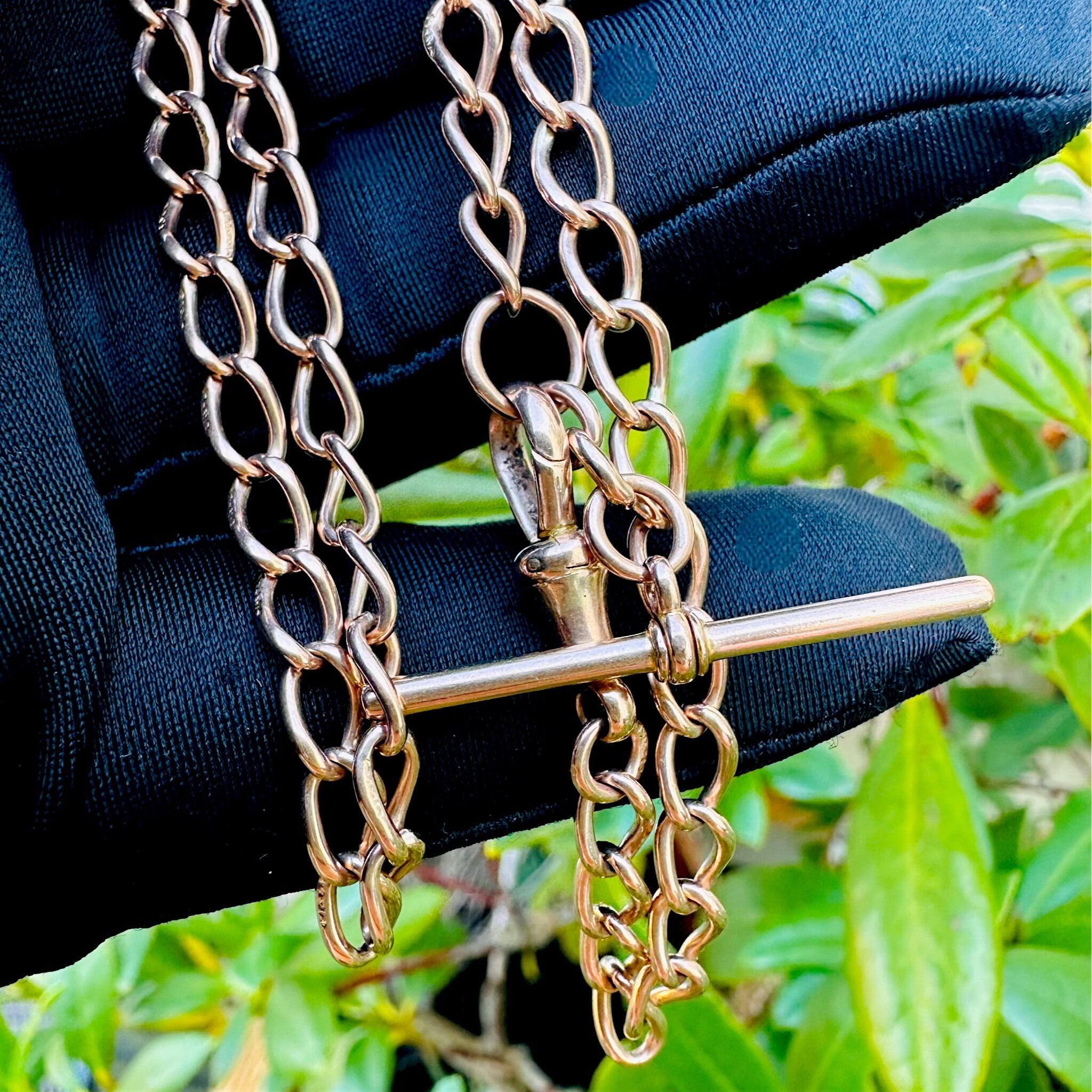 Antique 9ct Rose Gold Albert Chain, 45cm, T-Bar & Dog Clip, Vintage Jewelry