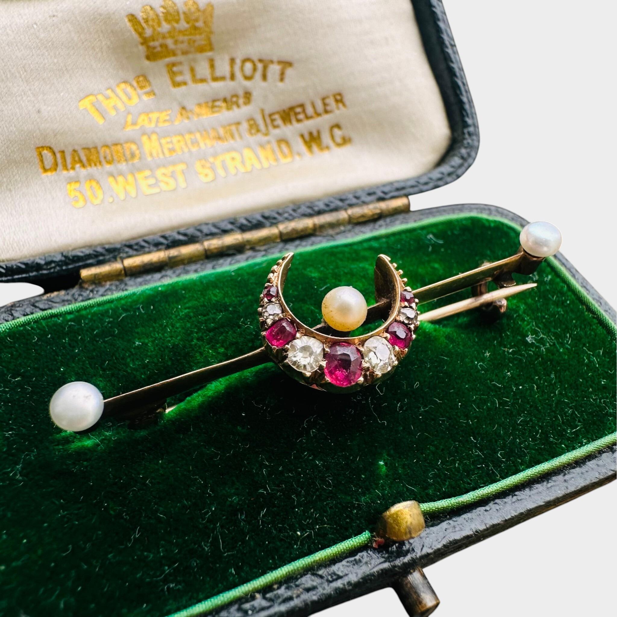 Edwardian Gold Crescent Moon Brooch with Diamonds, Rubies & Pearls ...