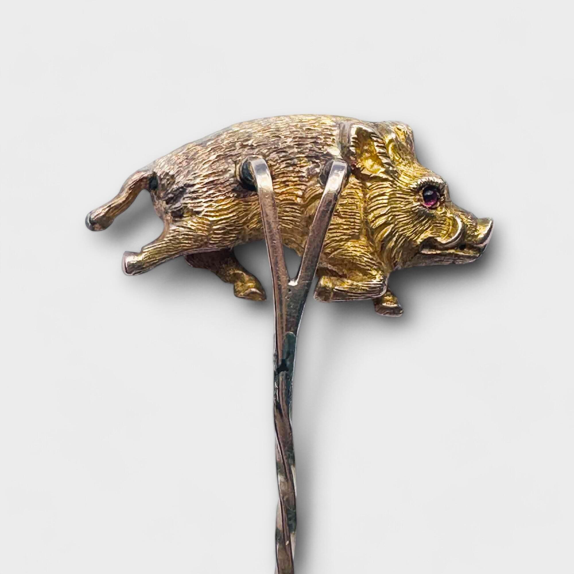 SOLD - Victorian 18ct gold & Ruby wild boar stick pin
