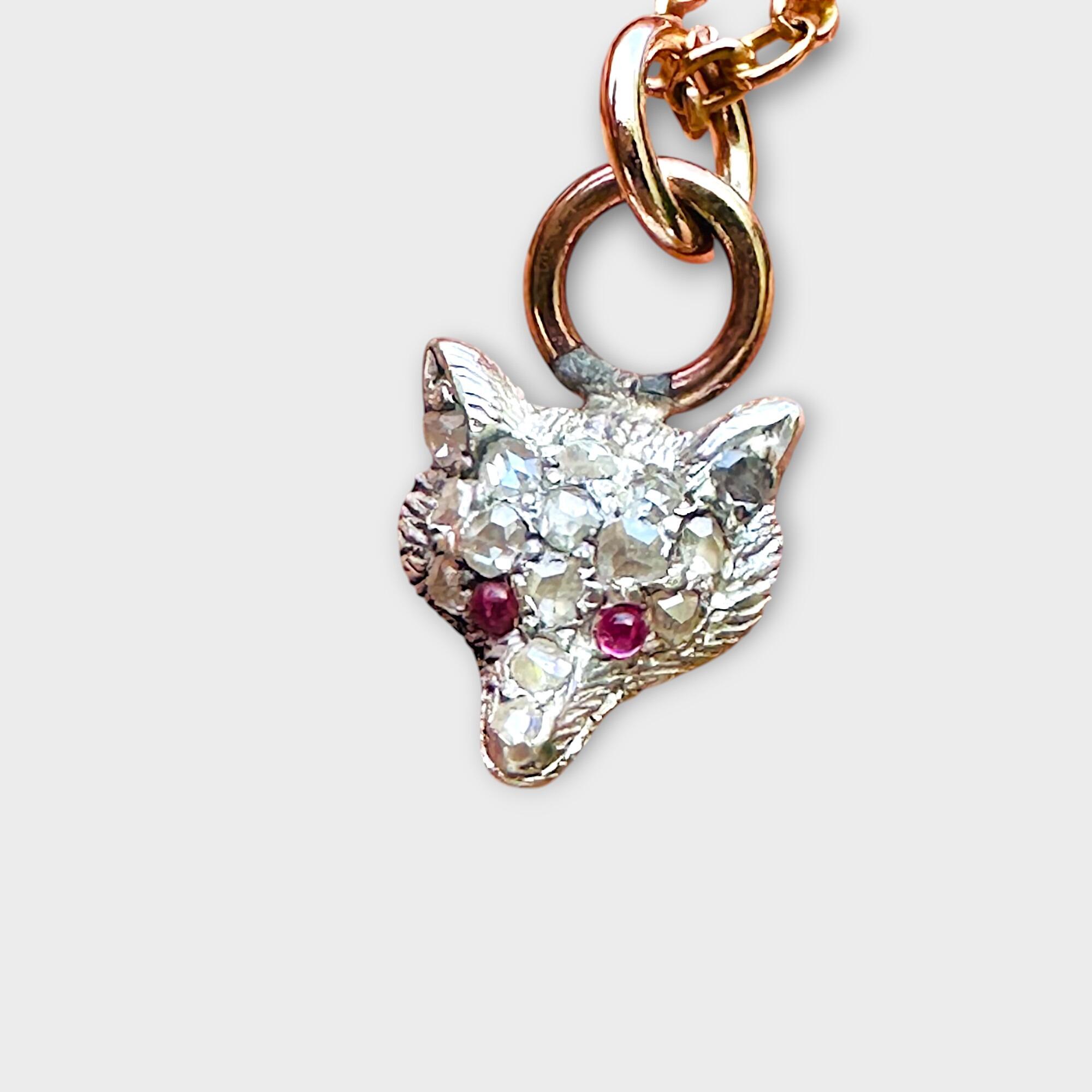 Antique Fox Head Pendant: Rose Cut Diamonds & Ruby Eyes Charm