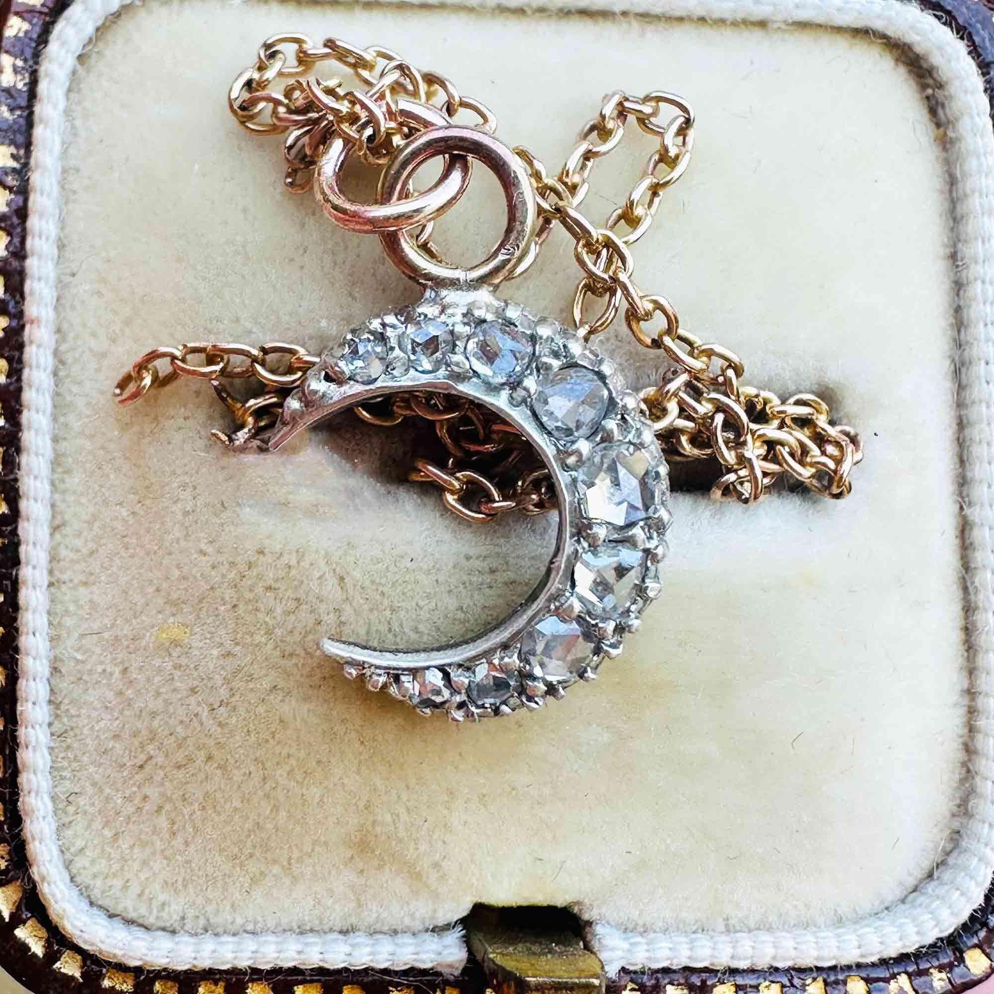 Victorian Antique Diamond Crescent Pendant | Celestial Moon Charm