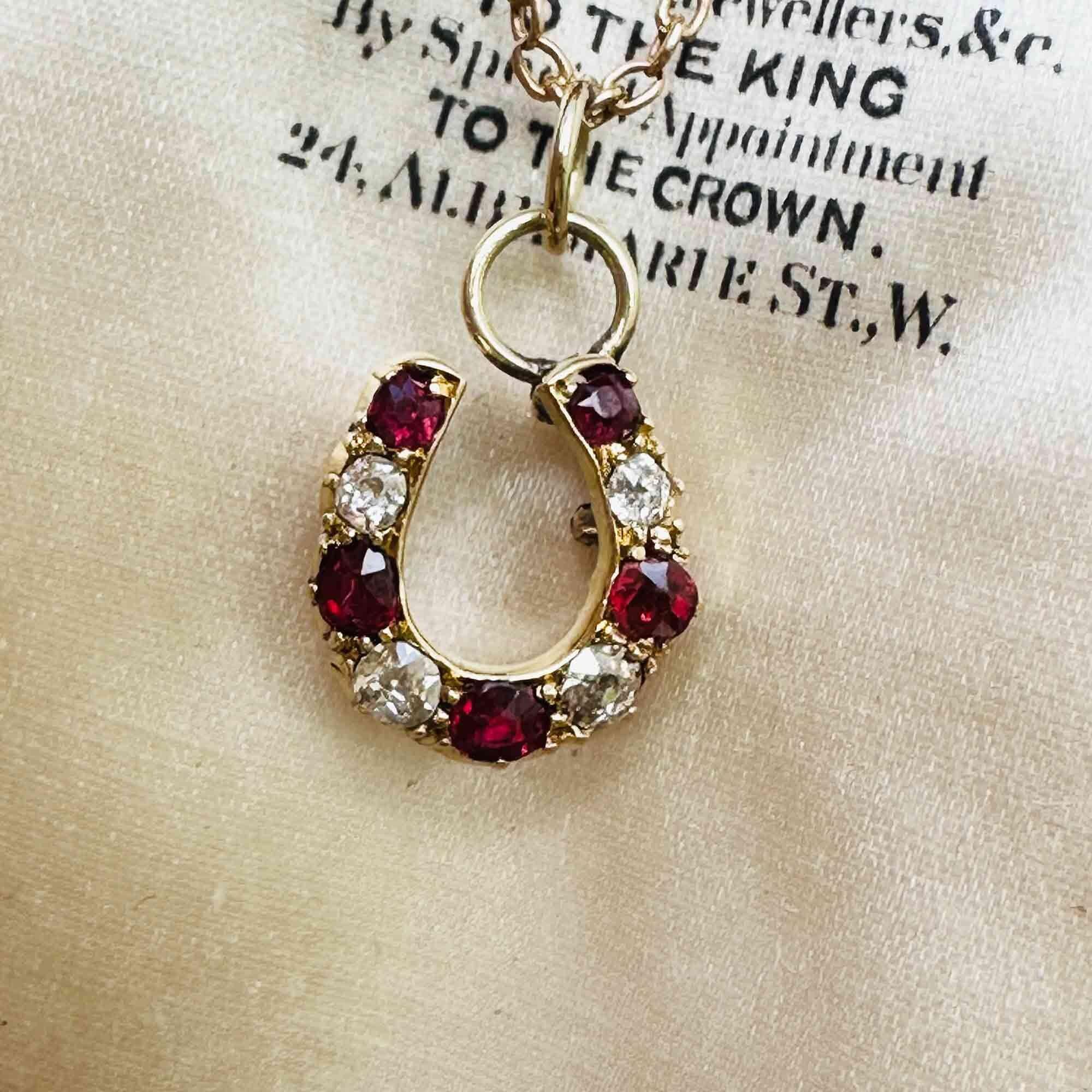 Victorian Gold Ruby Diamond Horseshoe Pendant, Lucky Charm Necklace ...