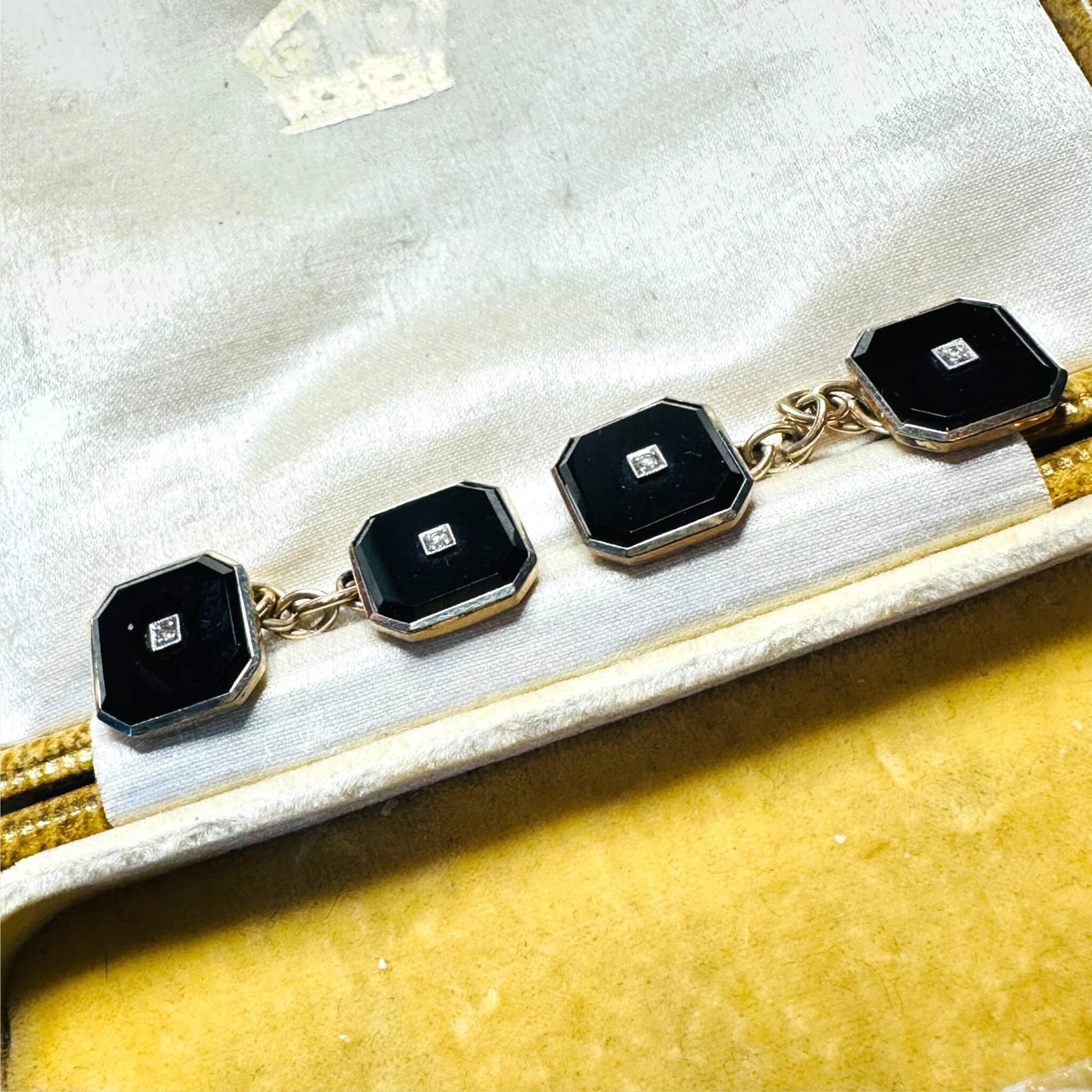 Art Deco 15ct Gold Cufflinks with Black Onyx & Diamond Chain-Link Design