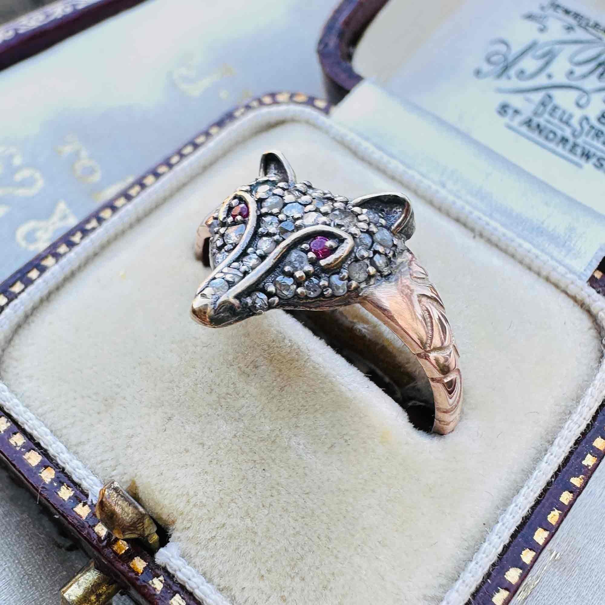 Vintage 9k Rose Gold Fox Ring with Ruby Eyes and Diamond Accents