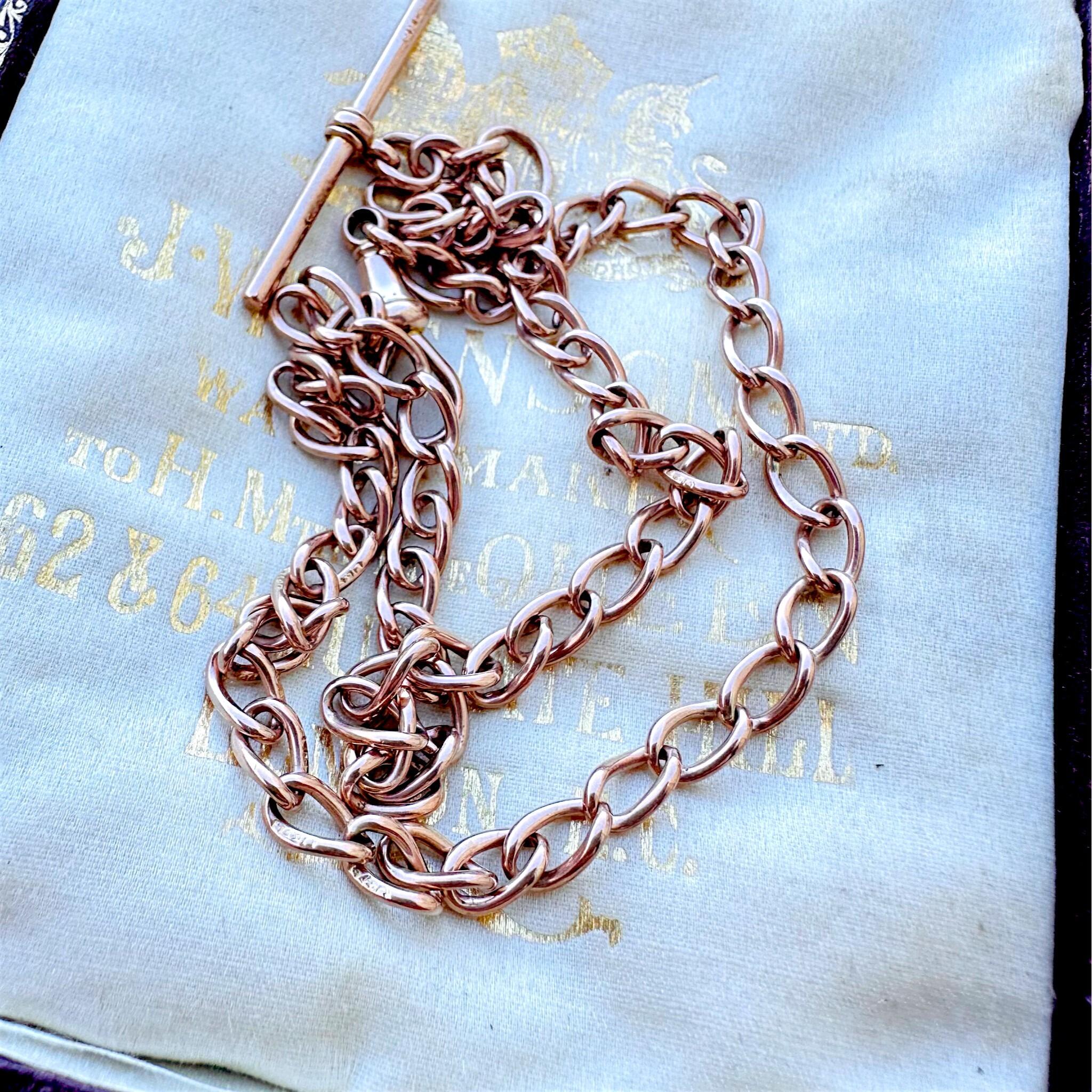 Antique 9ct Rose Gold Albert Chain, 45cm, T-Bar & Dog Clip, Vintage Jewelry