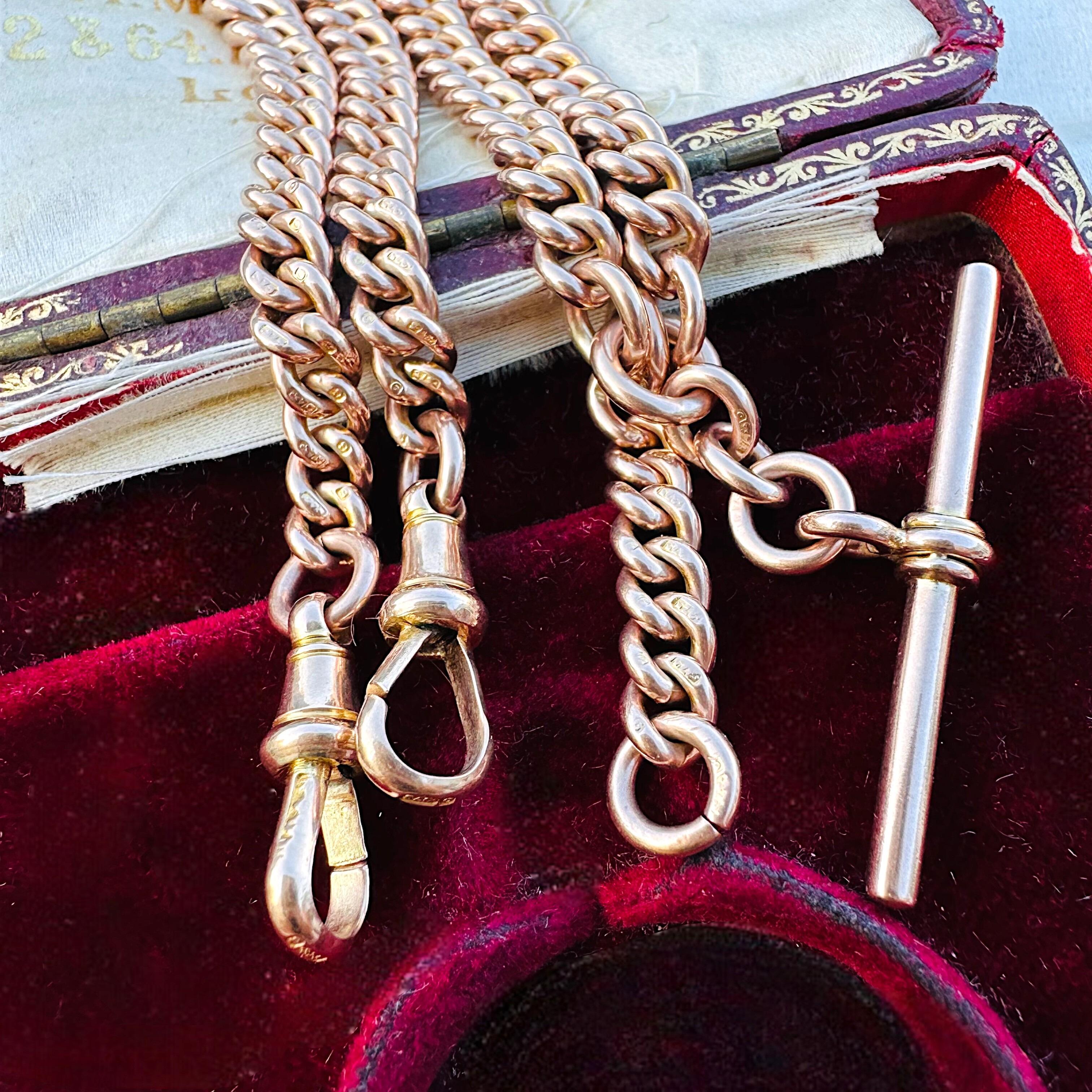 Antique 1924 Chester 9k Rose Gold Albert Chain Necklace, Adjustable 39-46cm
