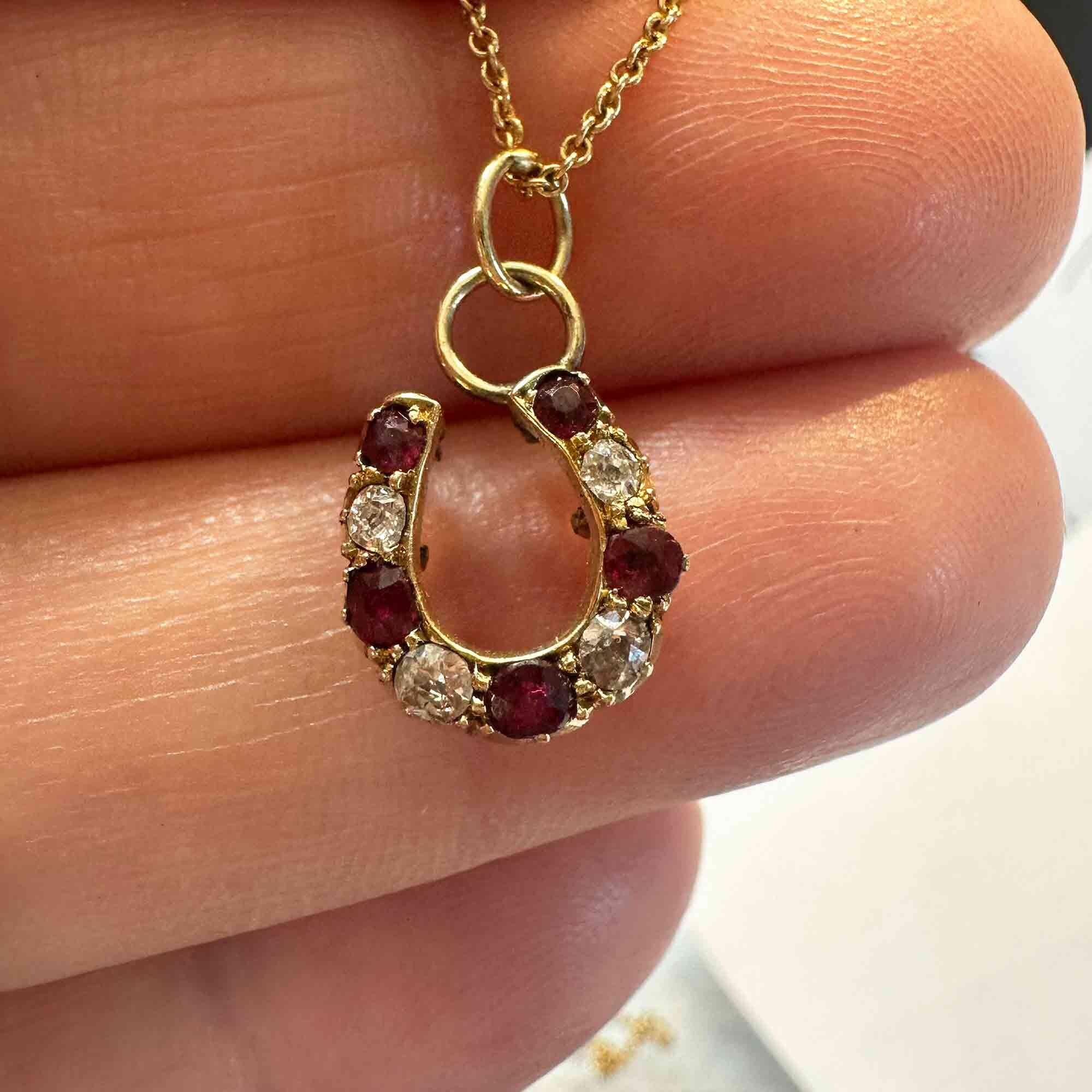 Victorian Gold Ruby Diamond Horseshoe Pendant, Lucky Charm Necklace ...