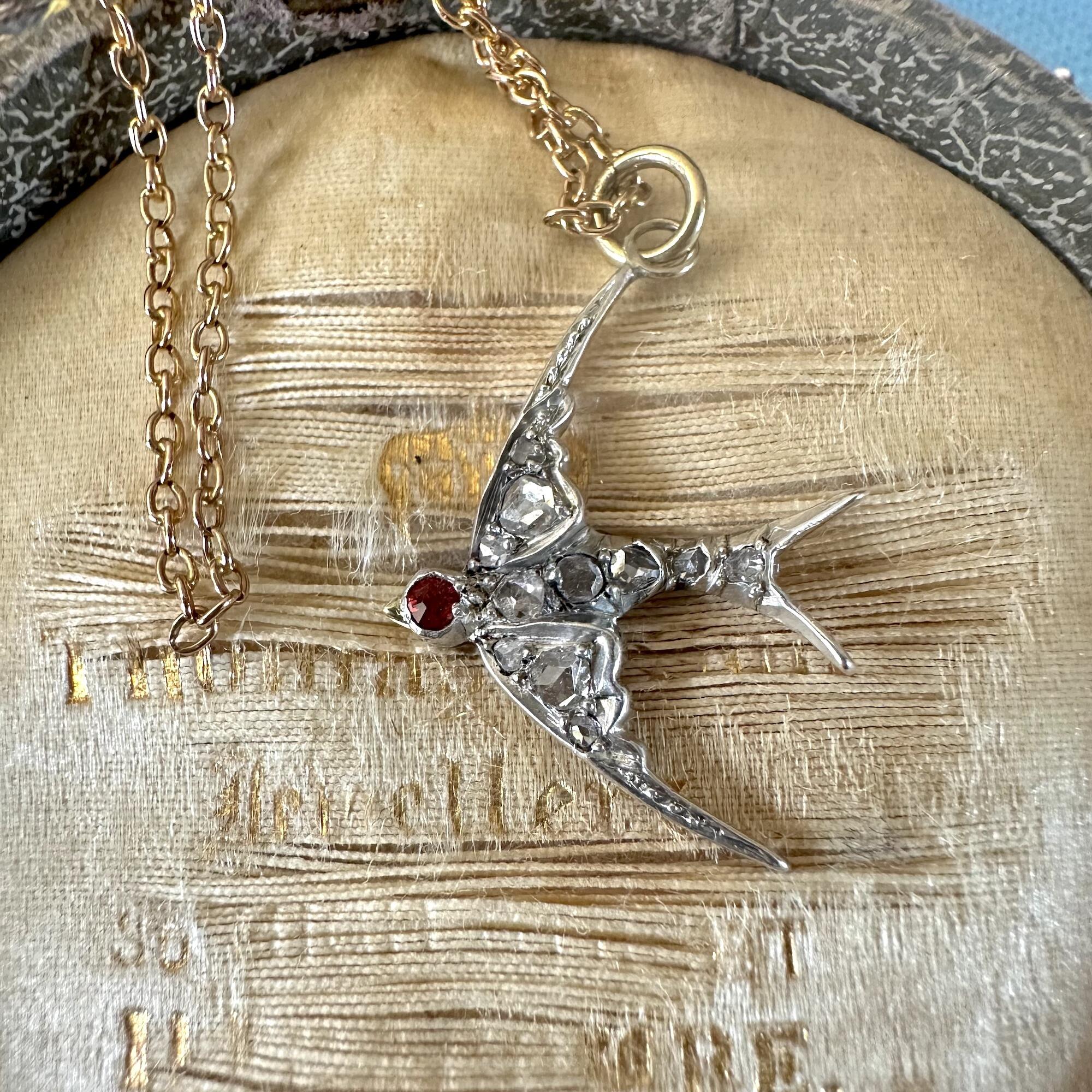 Edwardian 9k Gold Swallow Pendant with Diamonds & Ruby, Vintage Bird ...
