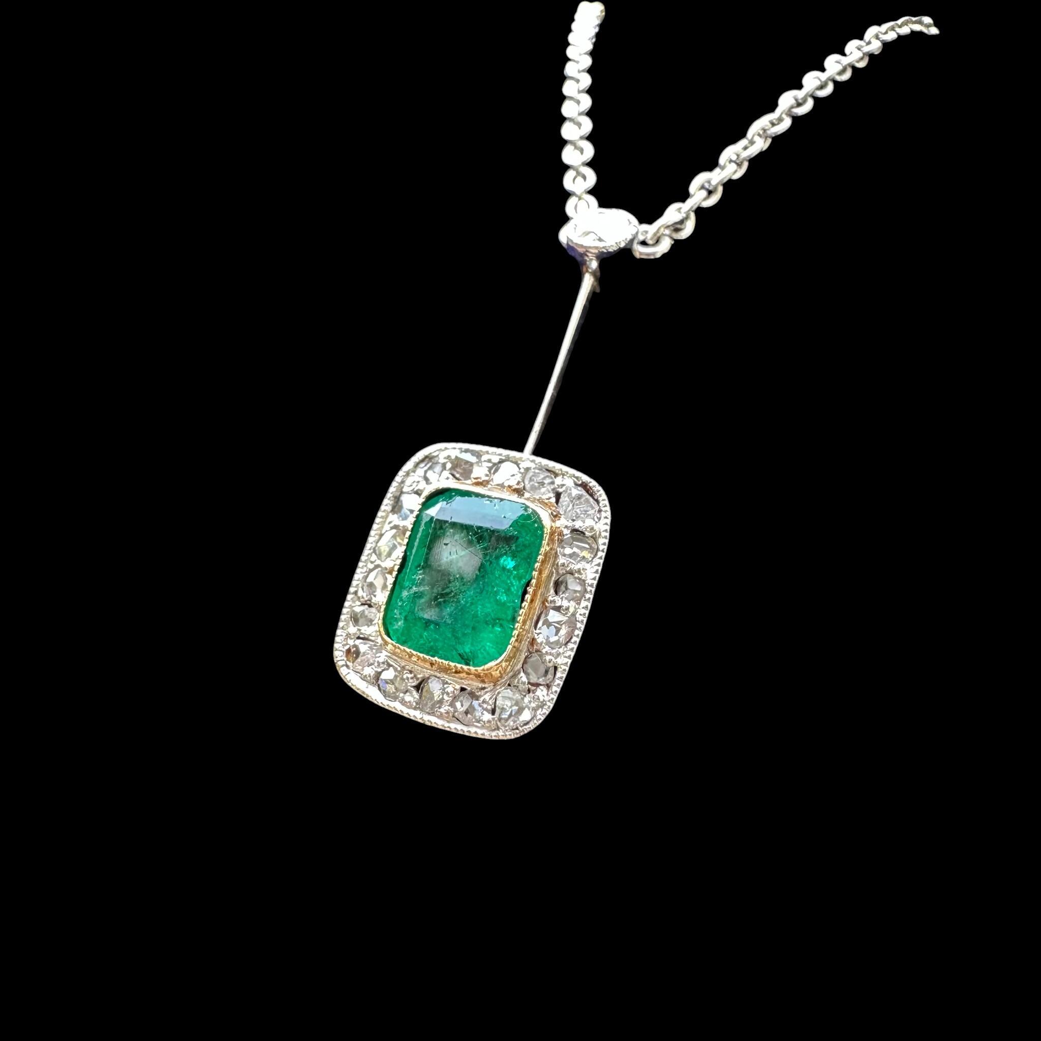 Antique Emerald & Diamond Drop Necklace - 18K Gold Paris Hallmark