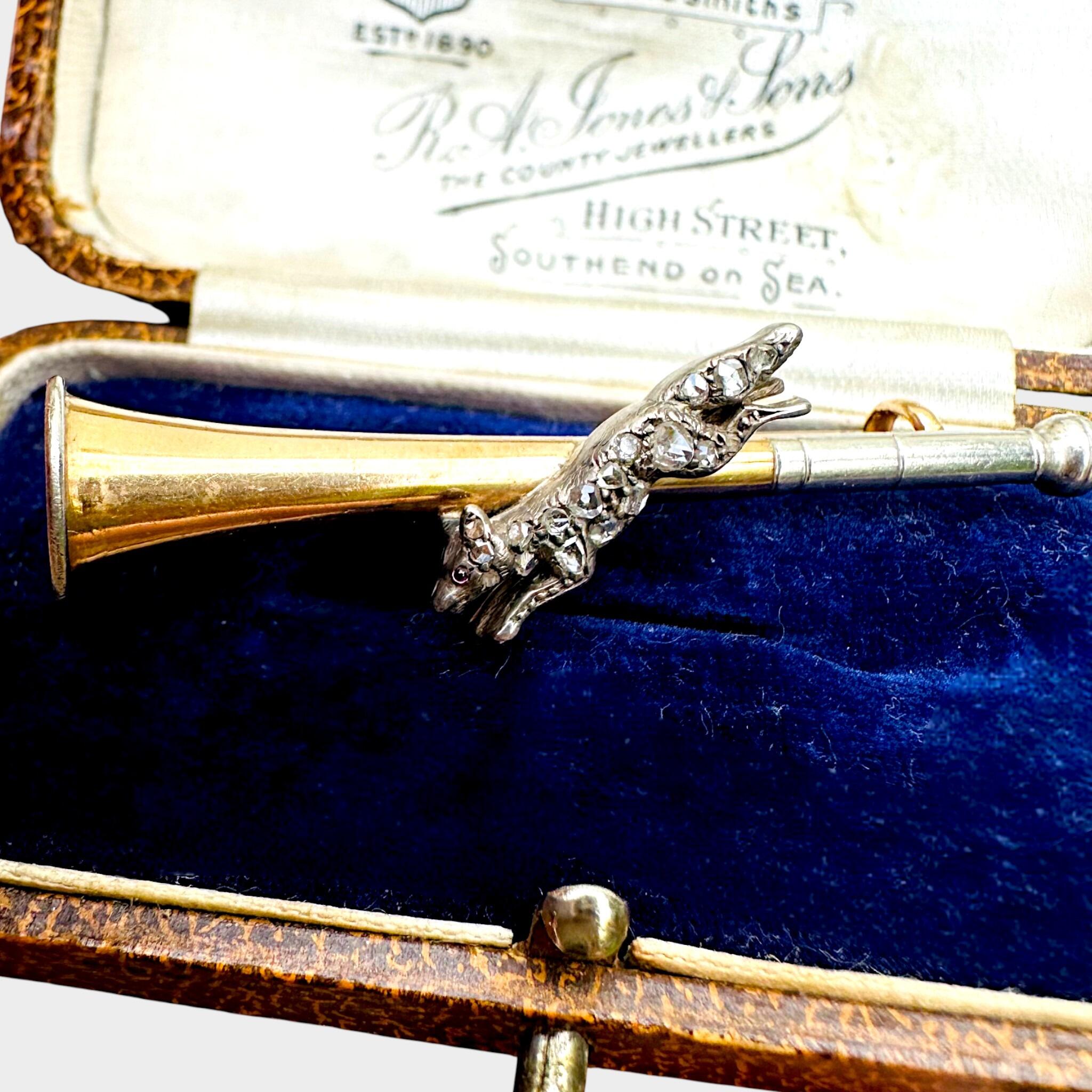 Victorian Fox Brooch: Rose Cut Diamonds, 15ct Gold & Platinum, Bugle Design