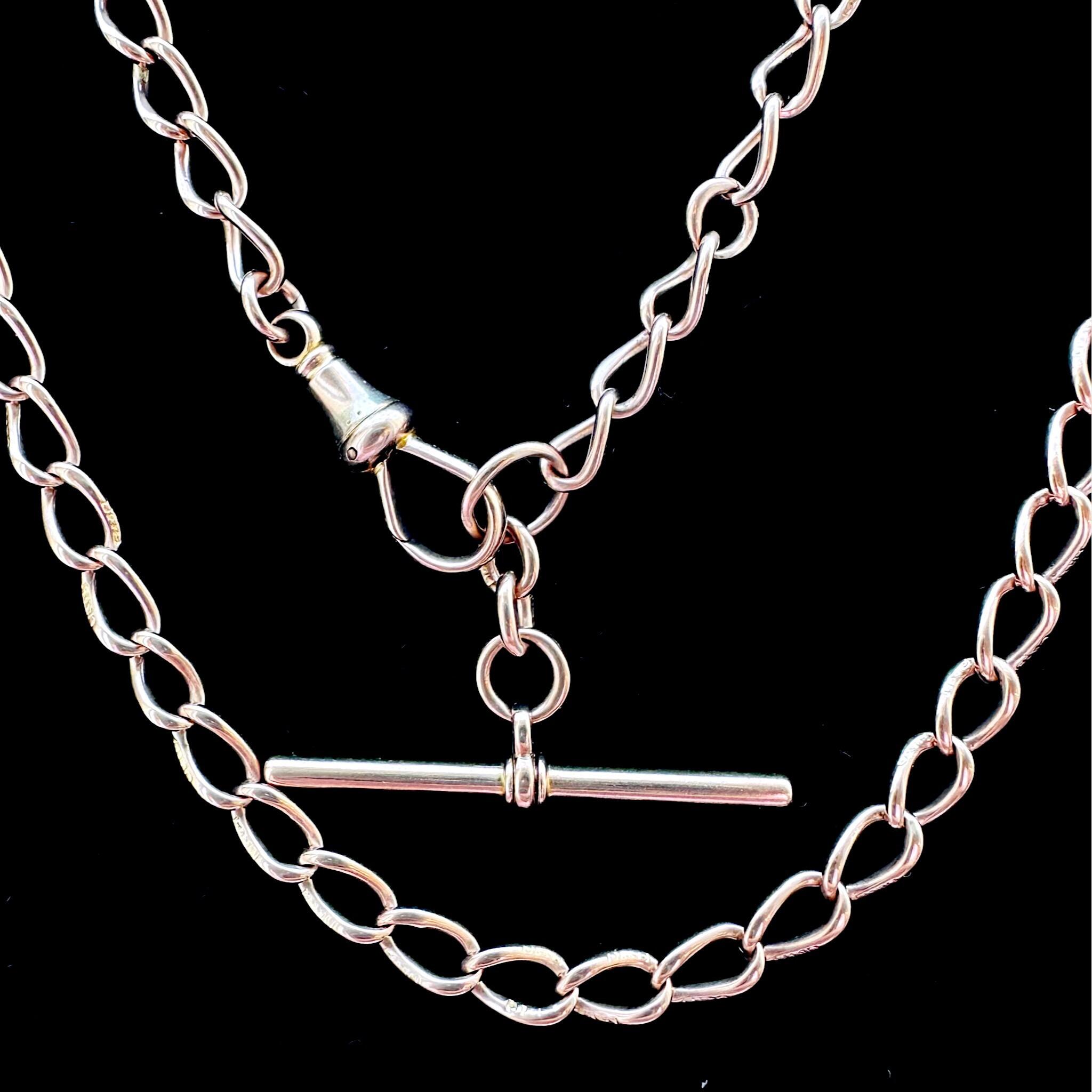 Antique 9ct Rose Gold Albert Chain, 45cm, T-Bar & Dog Clip, Vintage Jewelry