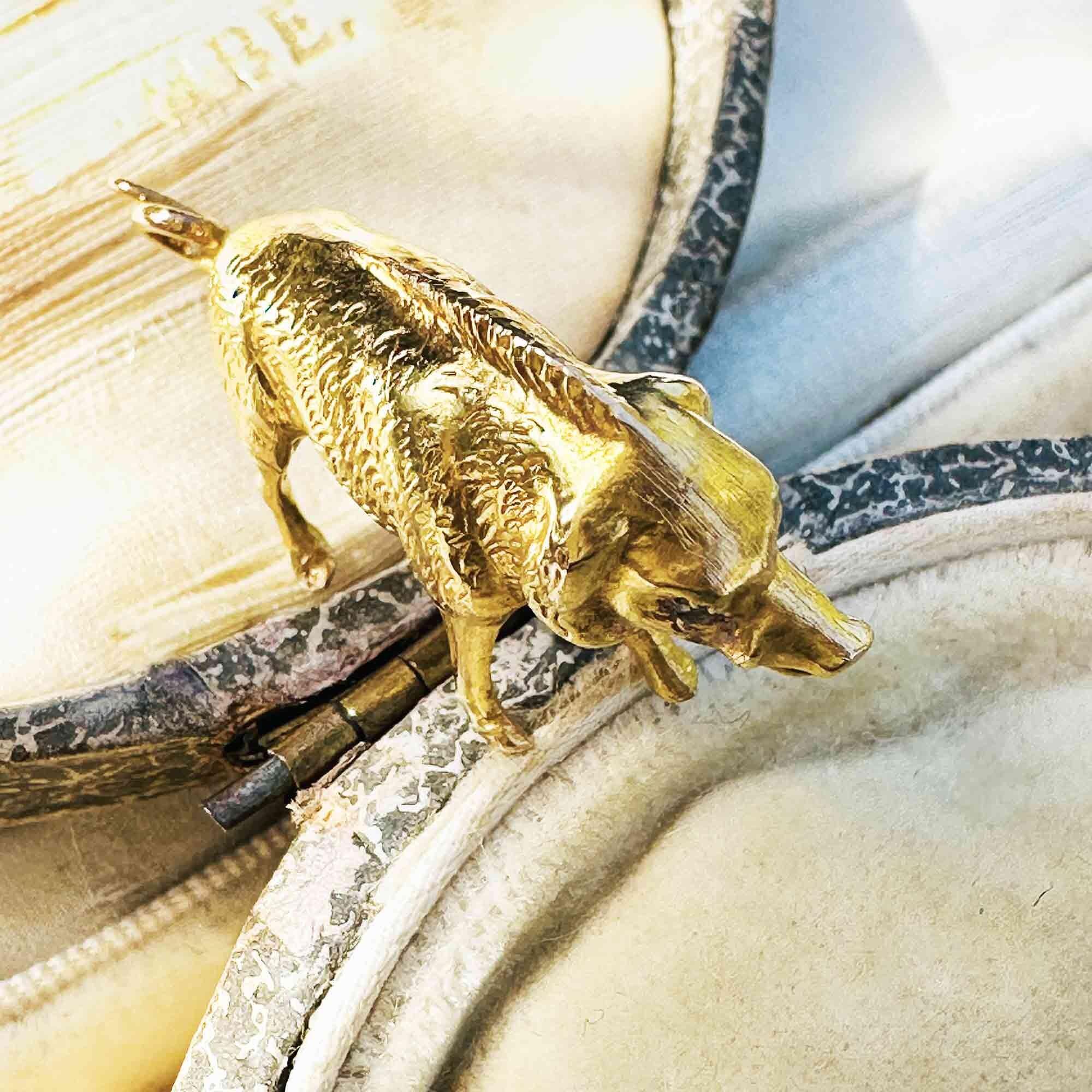 Victorian Gold Wild Boar Pendant with Diamond Eyes - Antique Charm