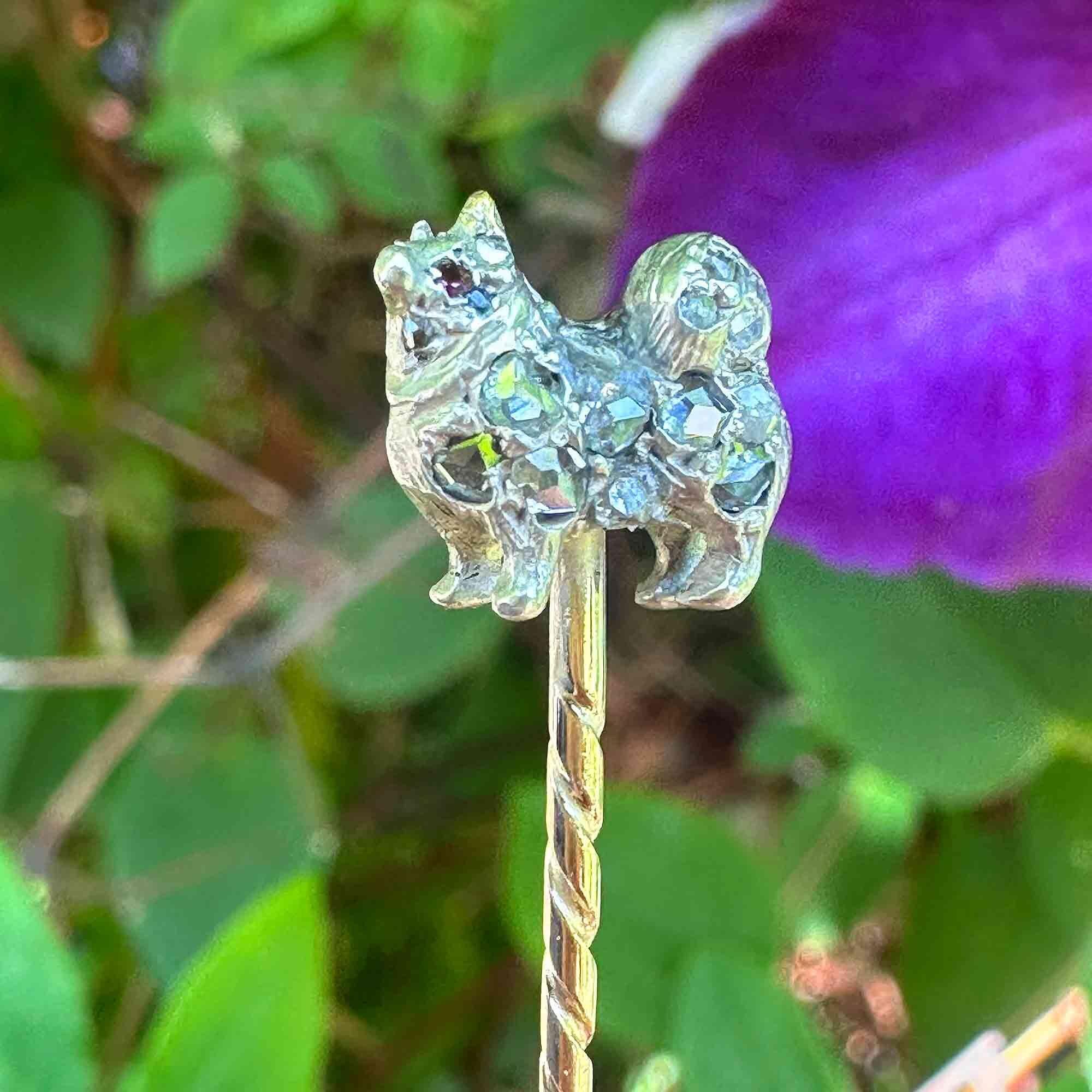 Victorian Rose Cut Diamond Dog Pin | Antique Pomeranian Ruby Eye