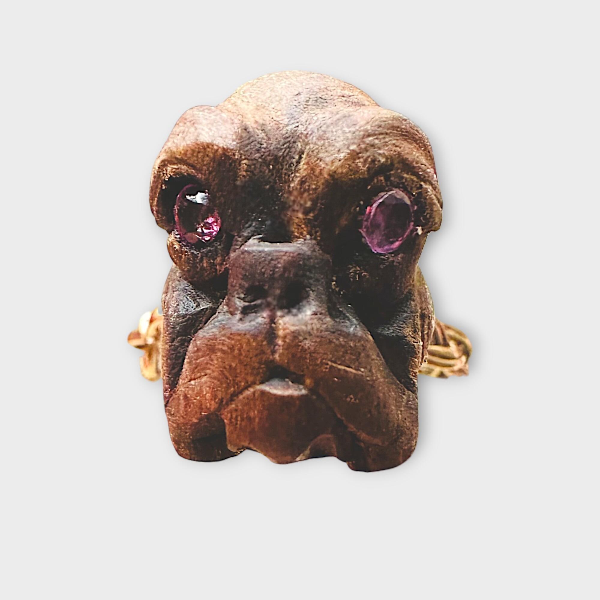 Victorian Bog Oak Bulldog Ring: 9ct Gold & Ruby Eyes Jewelry