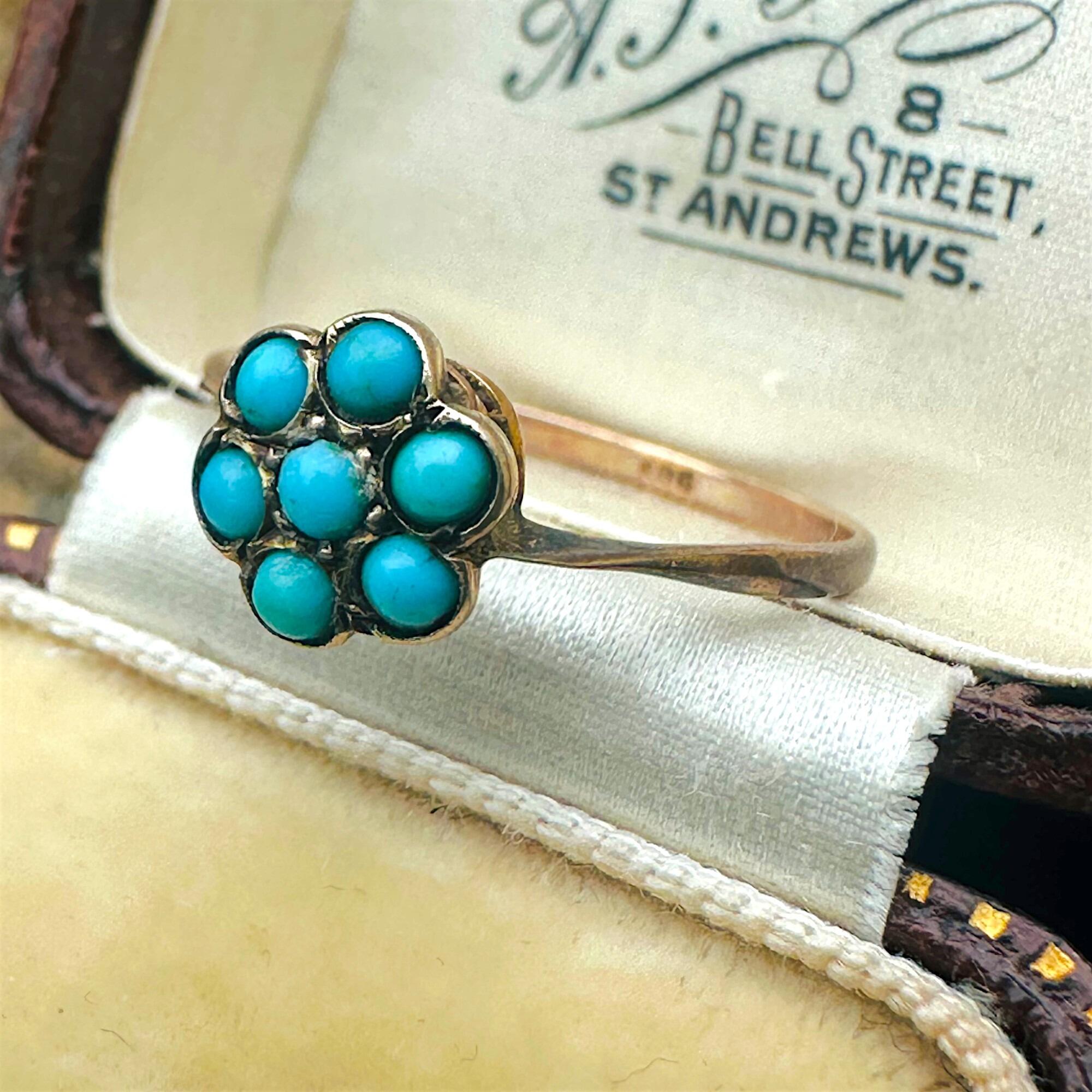 Edwardian 9ct Rose Gold Turquoise Daisy Ring - Vintage Floral Jewelry