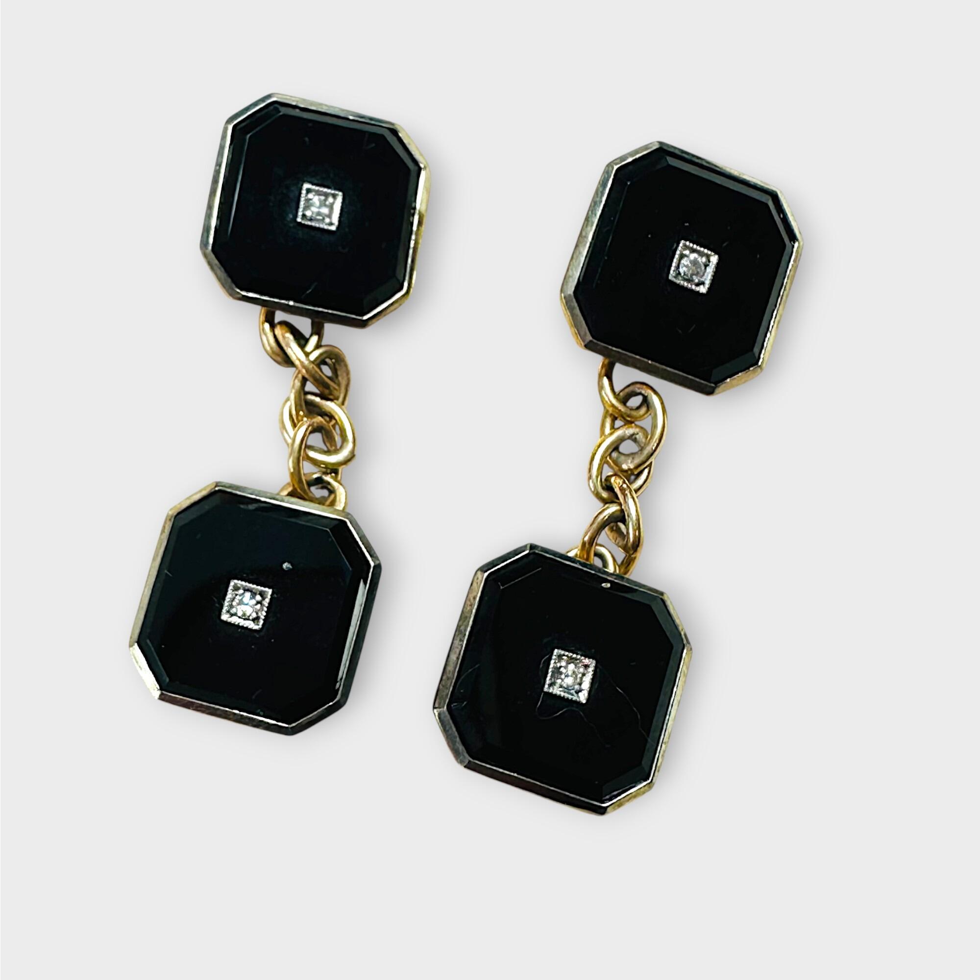 Art Deco 15ct Gold Cufflinks with Black Onyx & Diamond Chain-Link Design
