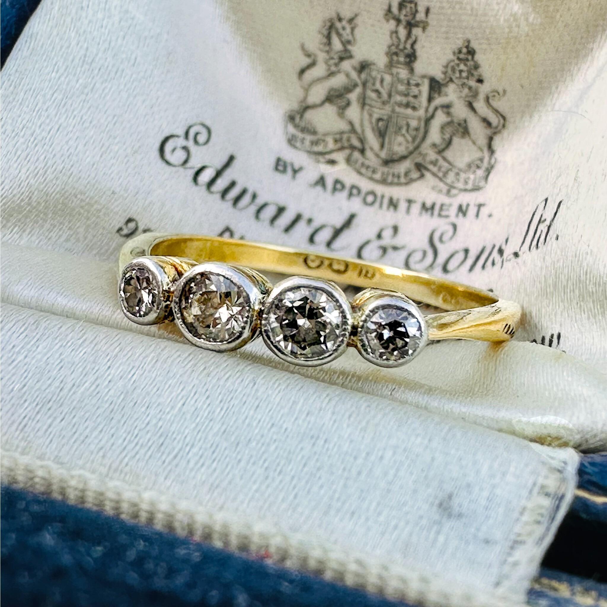 Art Deco 4-Stone Diamond Bezel Set Antique Engagement Ring, 0.34 Carats