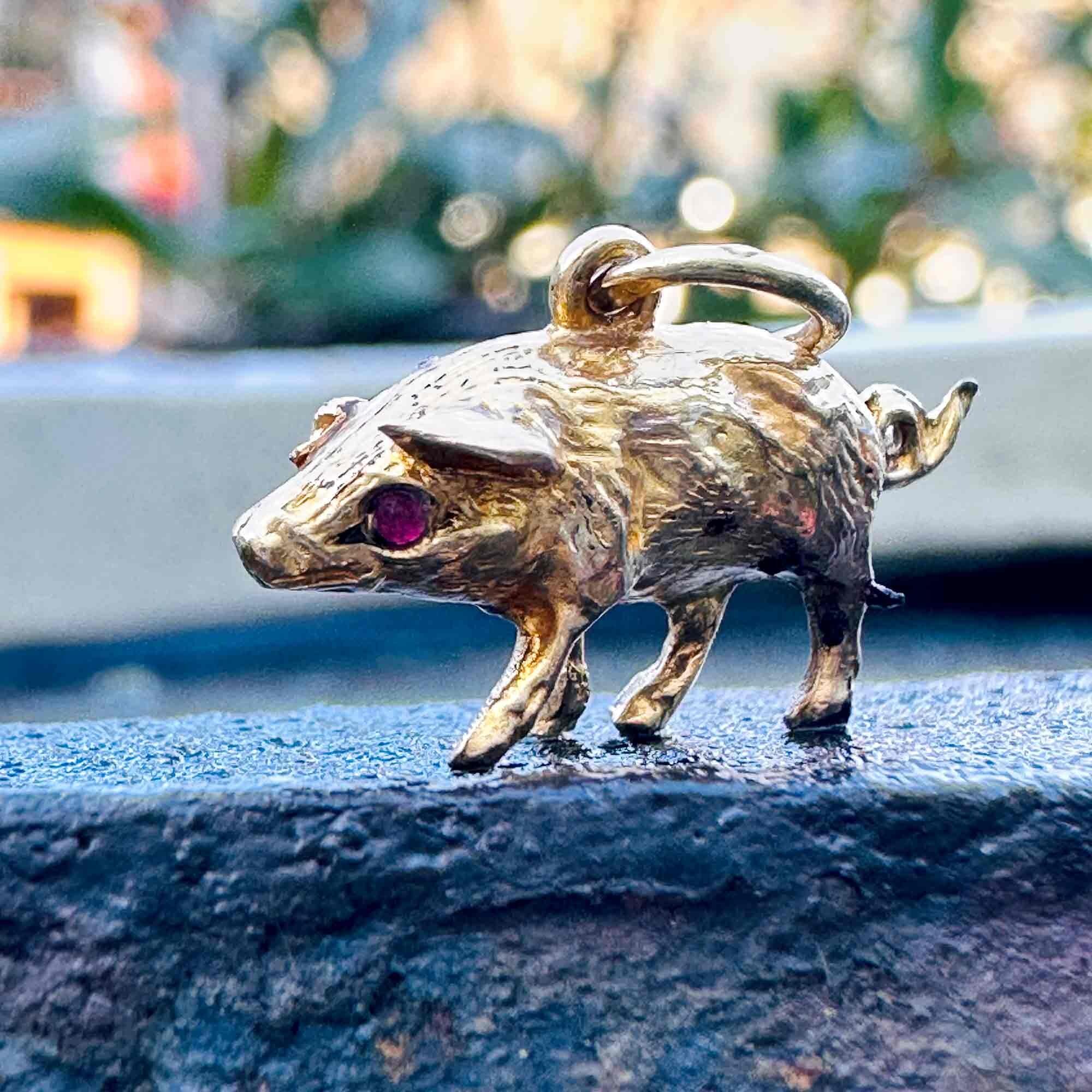 Victorian 9ct Gold Pig Charm with Ruby Eyes - Antique Animal Pendant