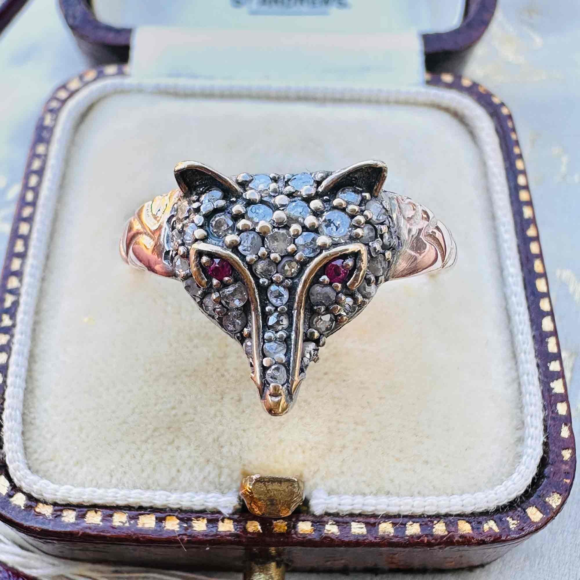 Vintage 9k Rose Gold Fox Ring with Ruby Eyes and Diamond Accents