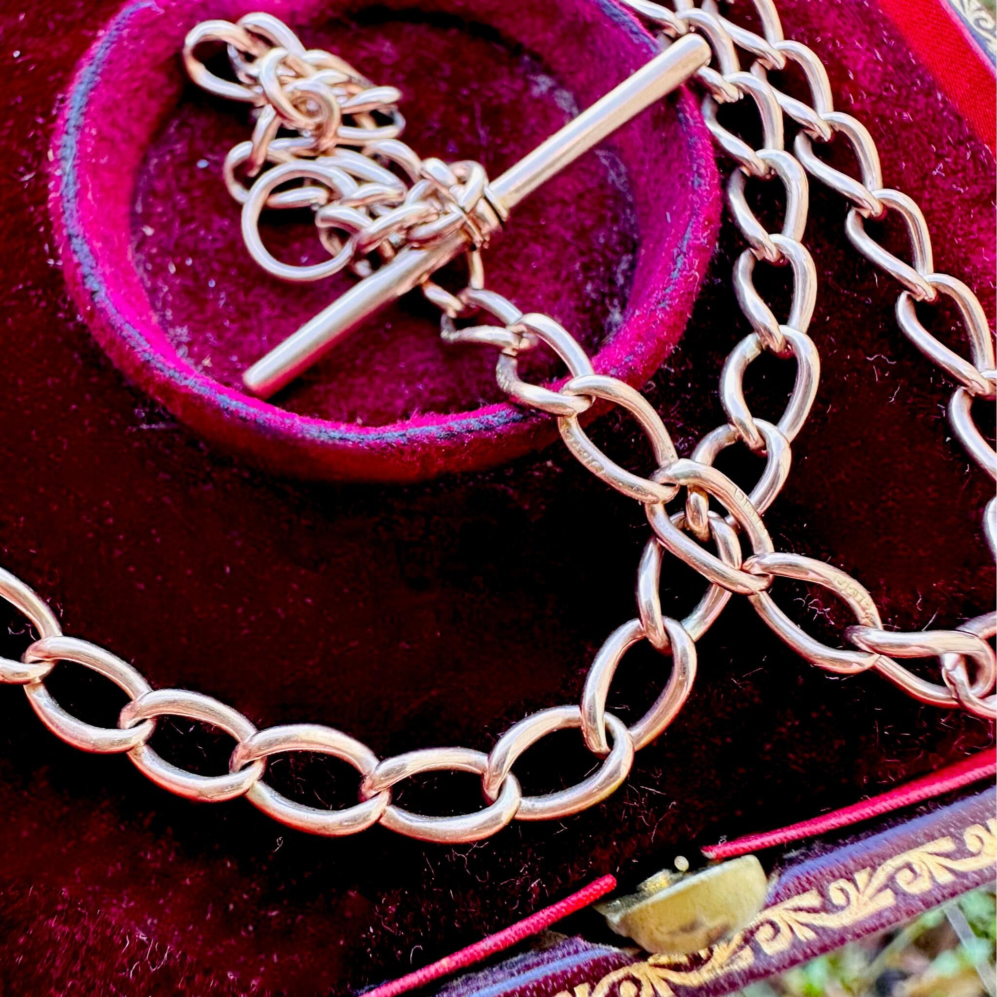 Antique 9ct Rose Gold Albert Chain, 45cm, T-Bar & Dog Clip, Vintage Jewelry
