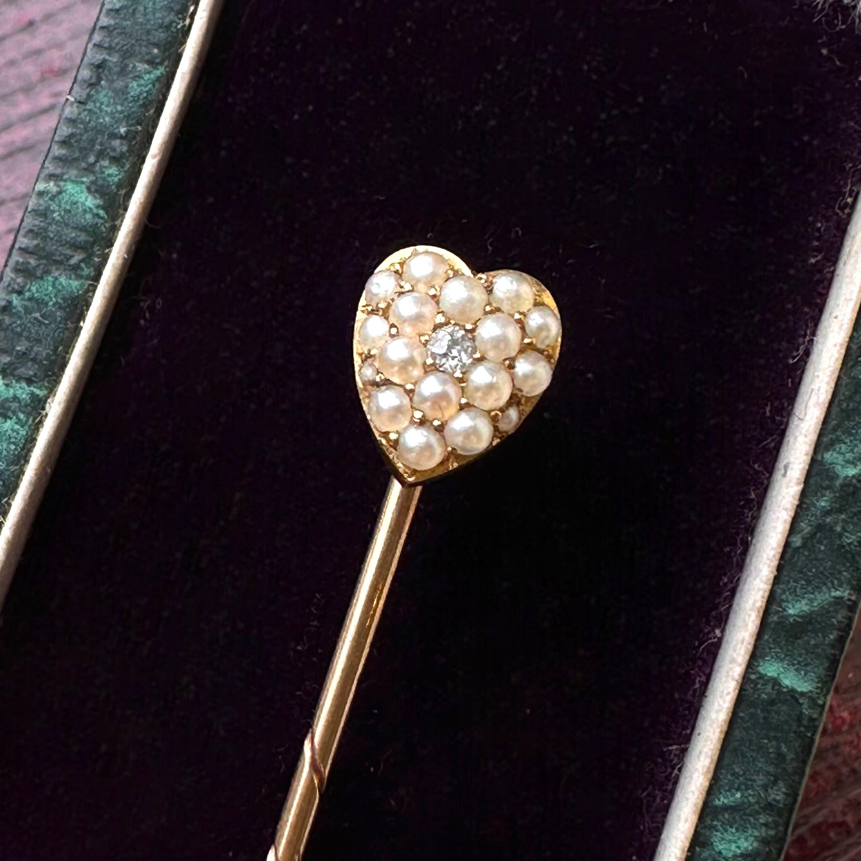 Victorian 15k Gold Heart Stick Pin with Pearl & Diamond for Wedding ...