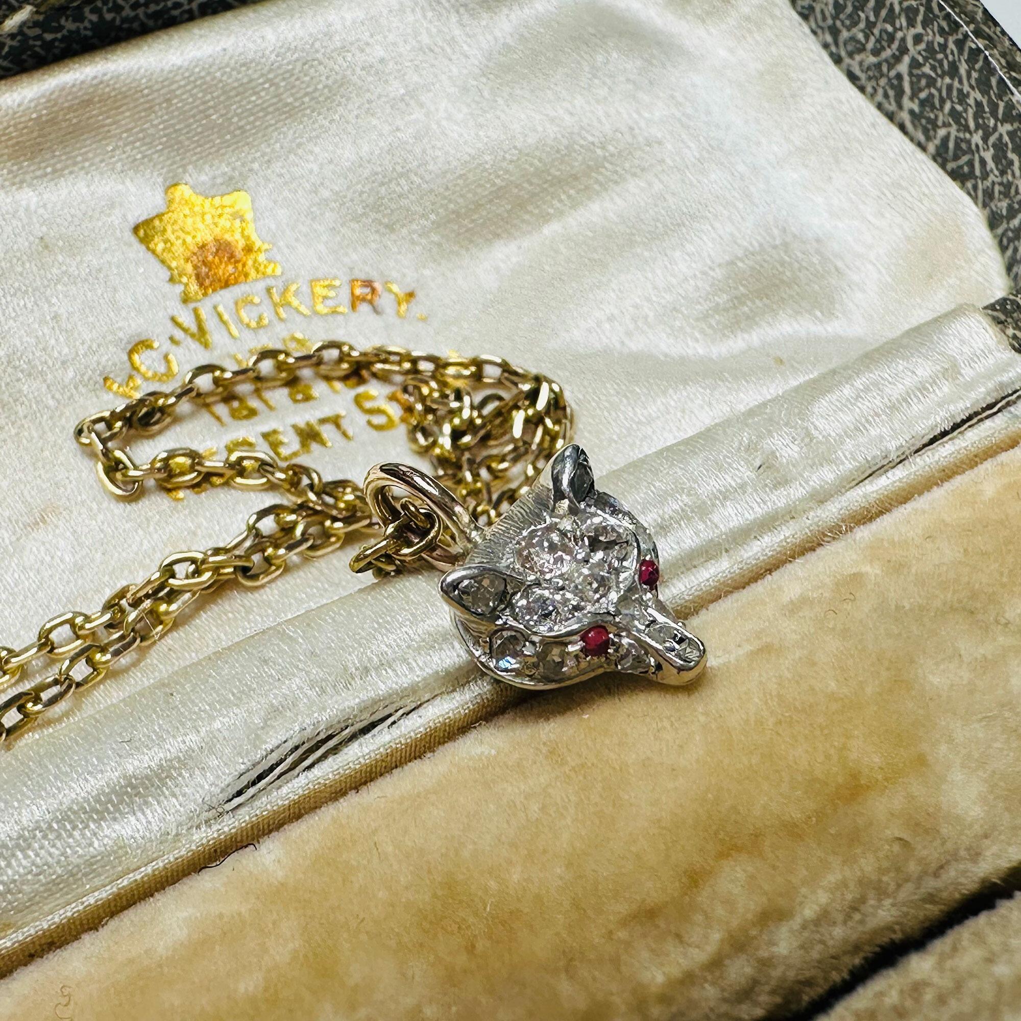 Antique Diamond Ruby Pendant: Enchanted Fox, Symbol of Wisdom and Fire