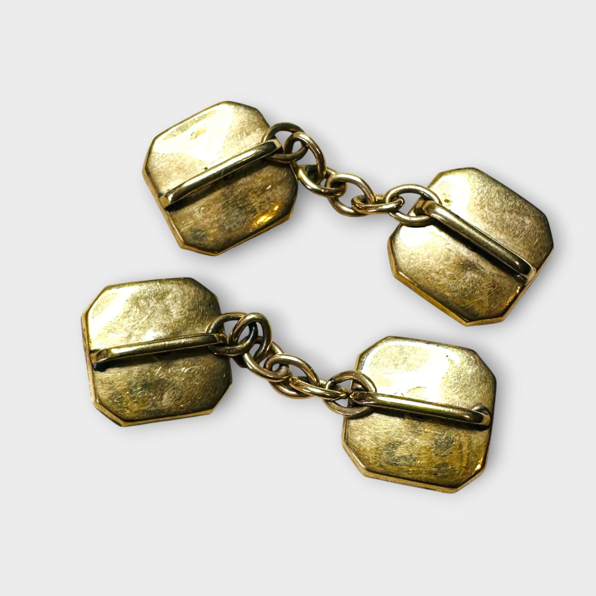 Art Deco 15ct Gold Cufflinks with Black Onyx & Diamond Chain-Link Design