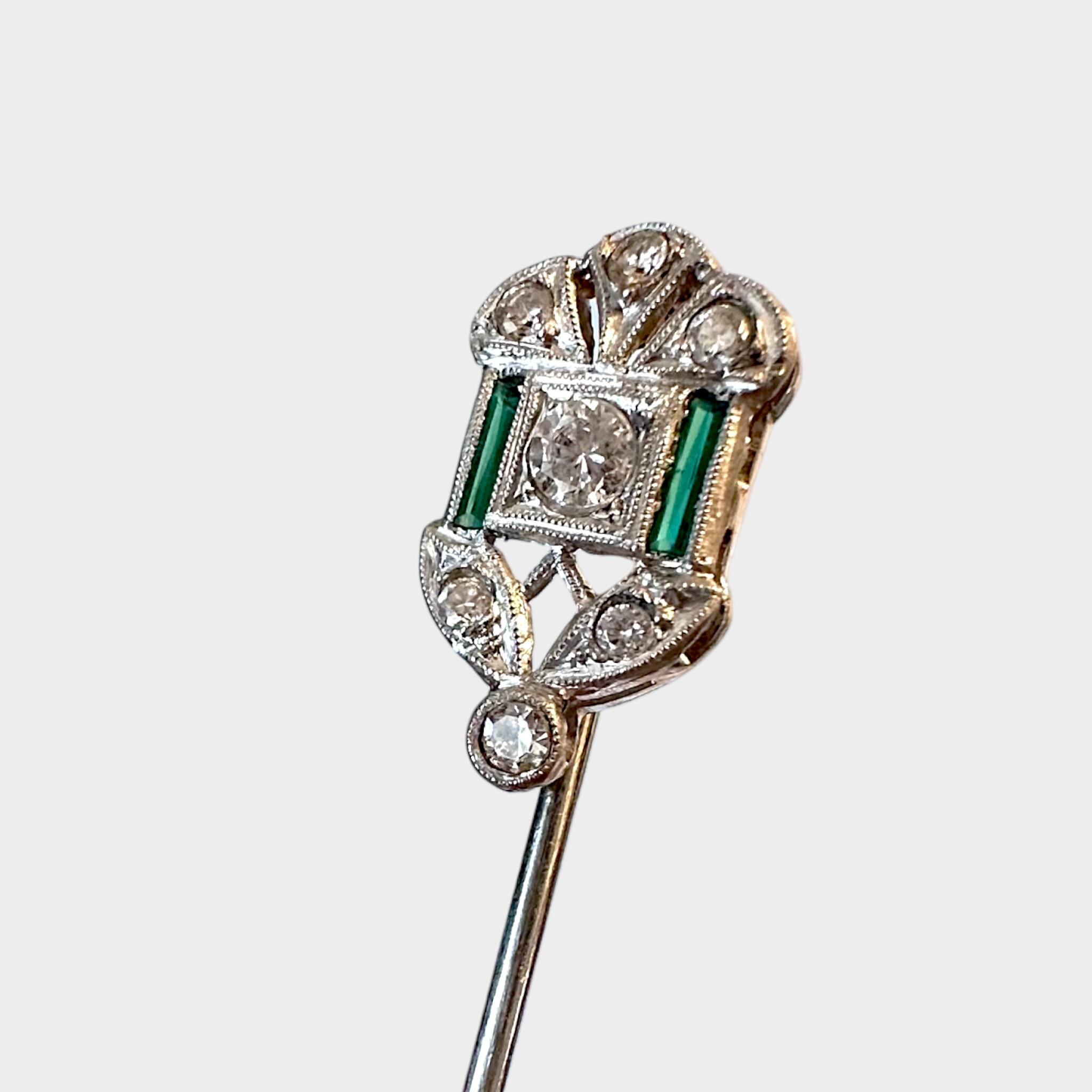 Art Deco Platinum Stick Pin with Emerald & Diamond, Geometric Antique ...