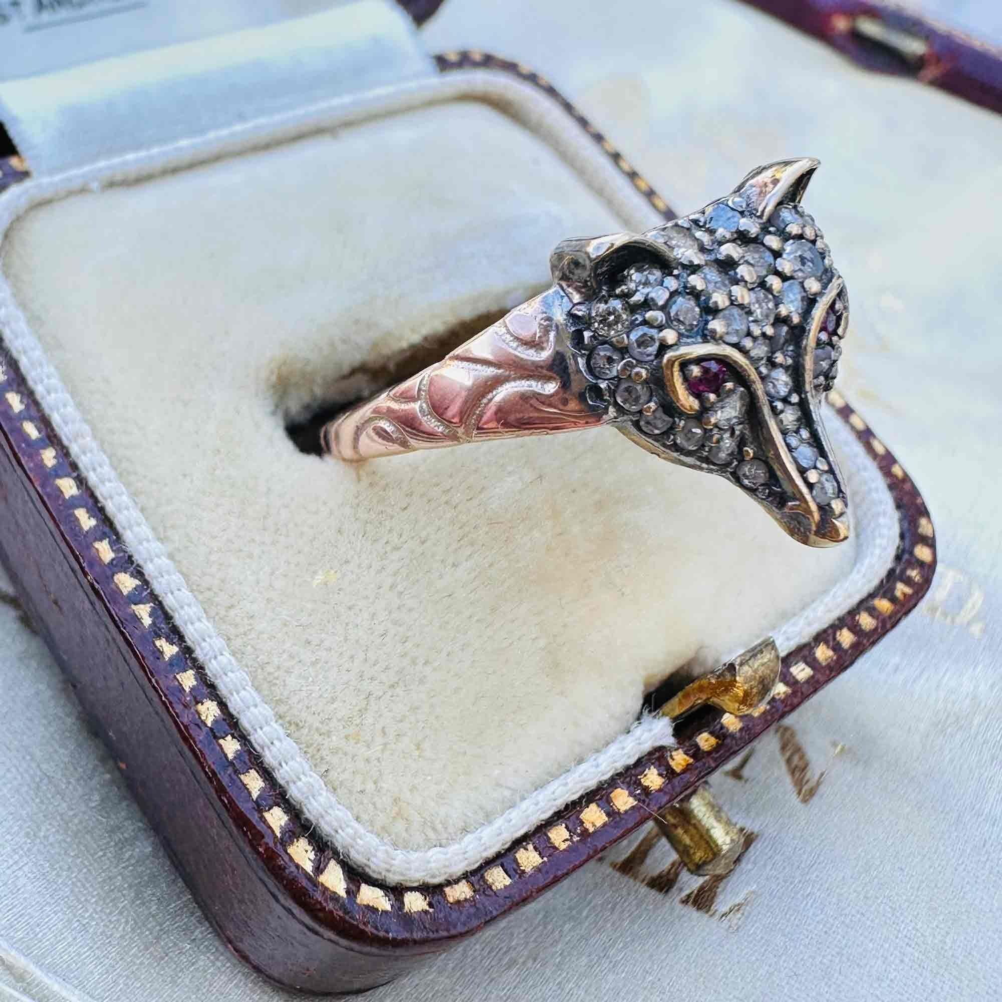 Vintage 9k Rose Gold Fox Ring with Ruby Eyes and Diamond Accents
