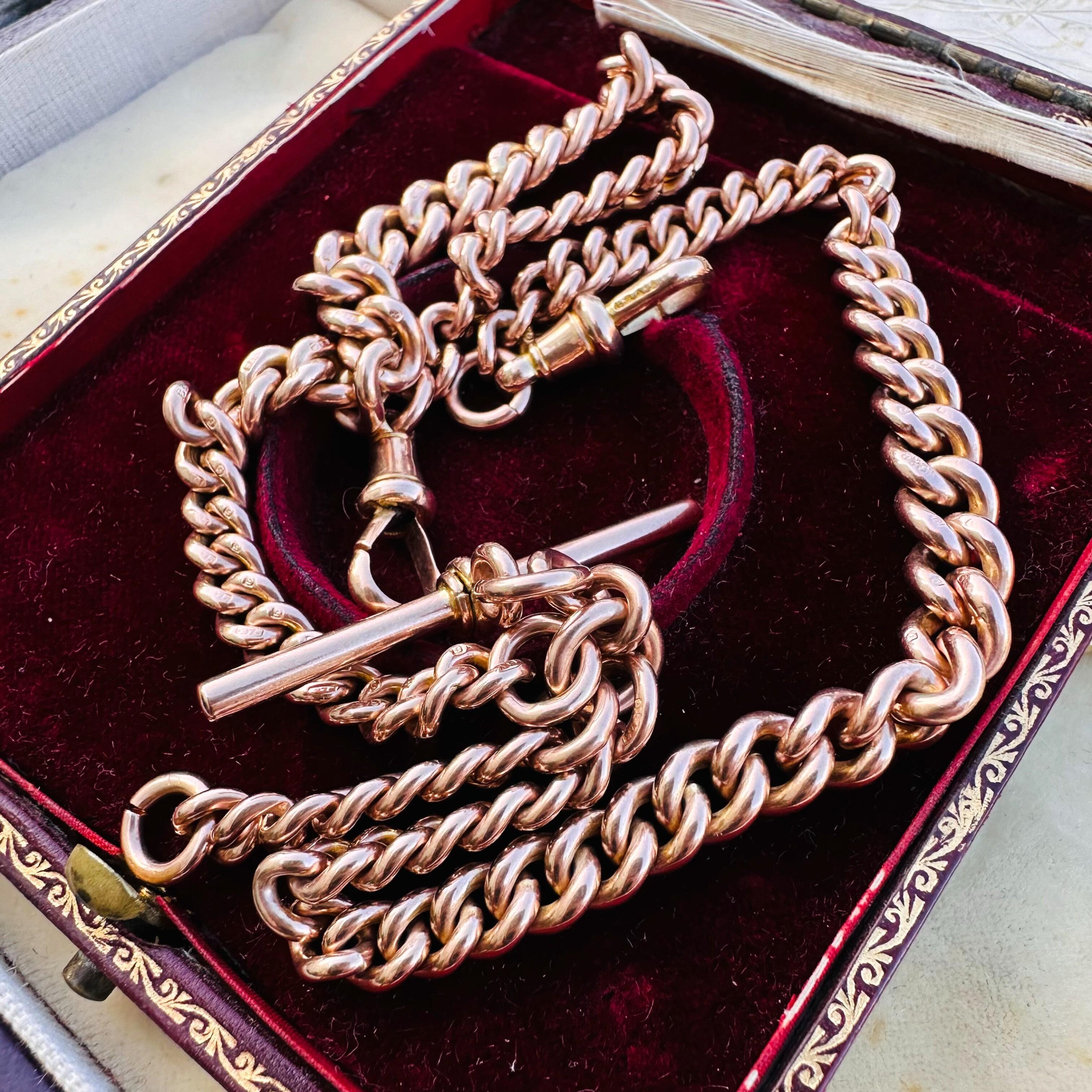 Antique 1924 Chester 9k Rose Gold Albert Chain Necklace, Adjustable 39-46cm