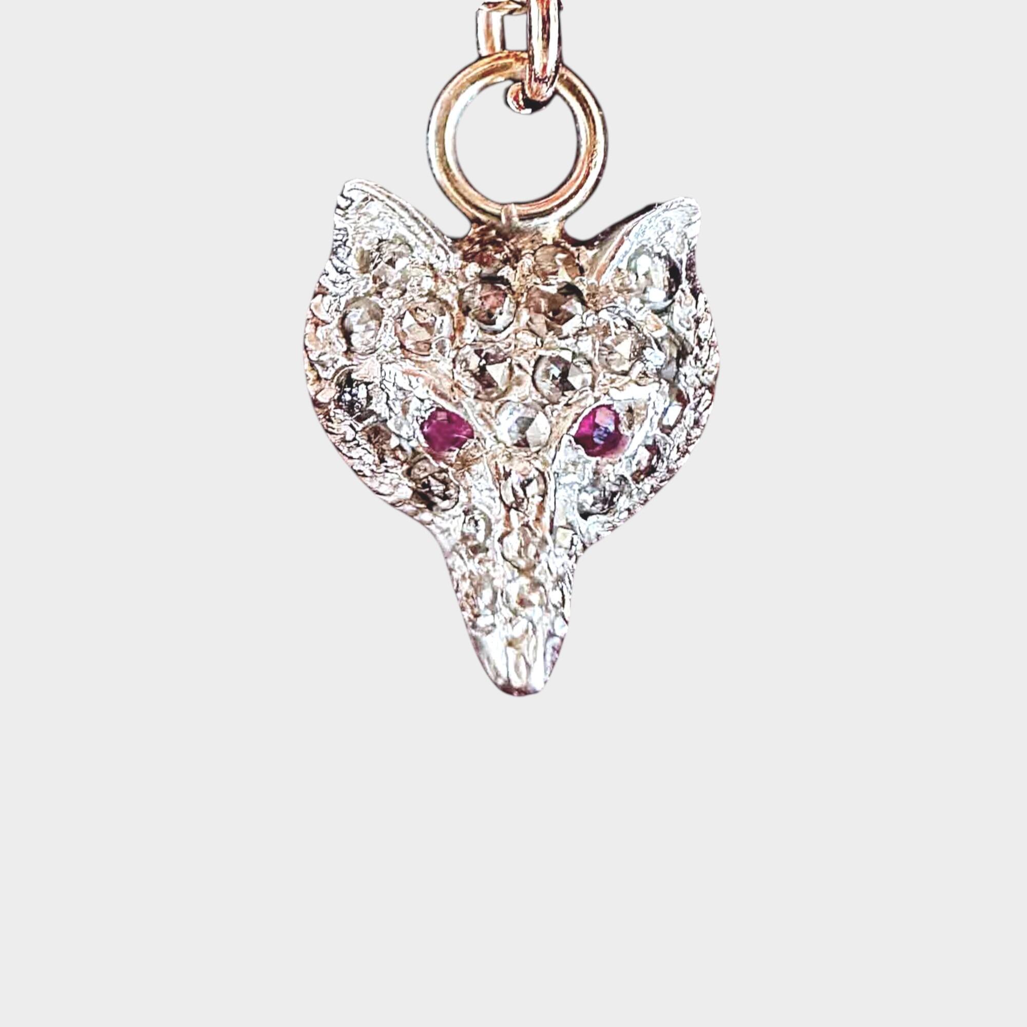 Vintage Fox Head Pendant: Diamond, Ruby, Silver, 9k Rose Gold Charm