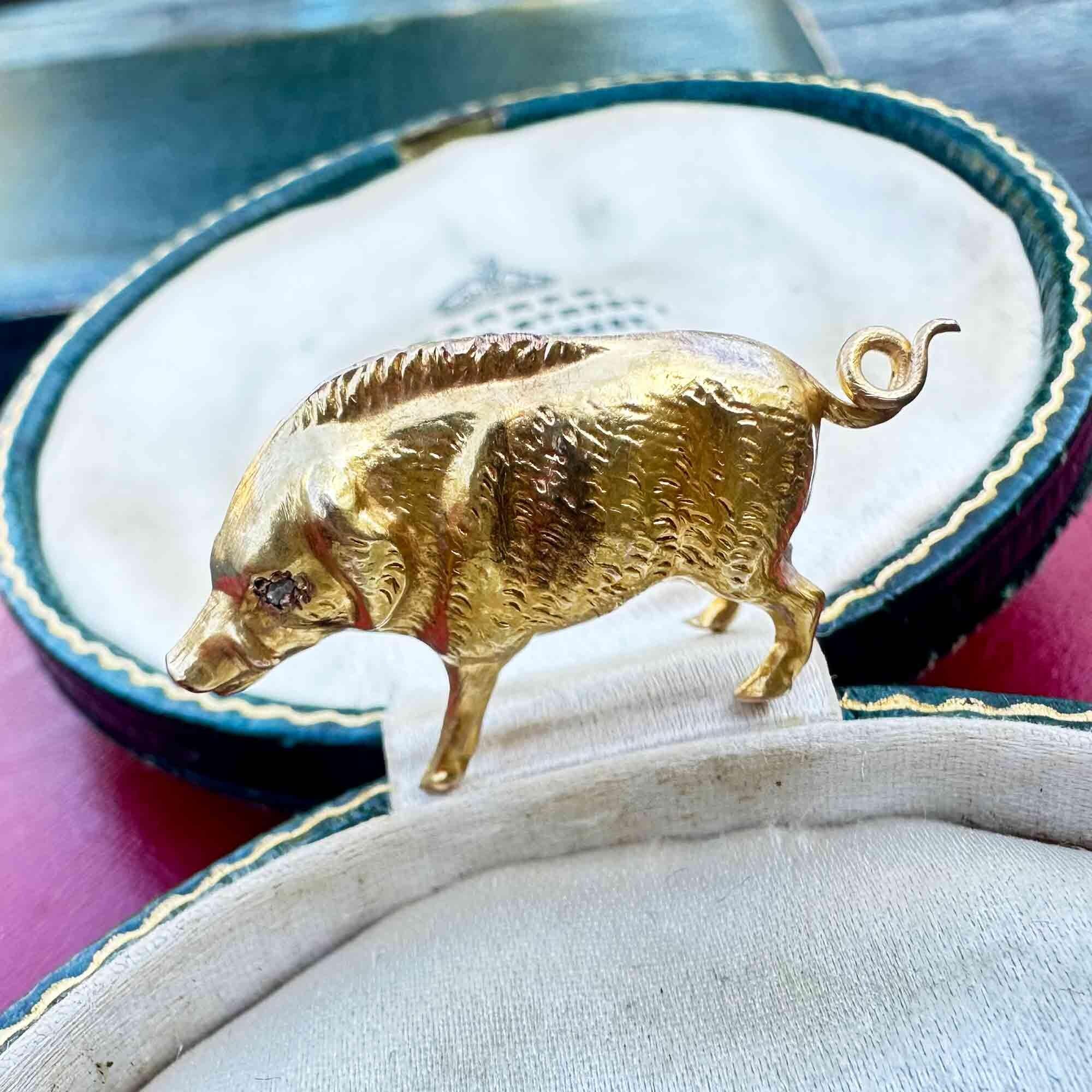 Victorian Gold Wild Boar Pendant with Diamond Eyes - Antique Charm