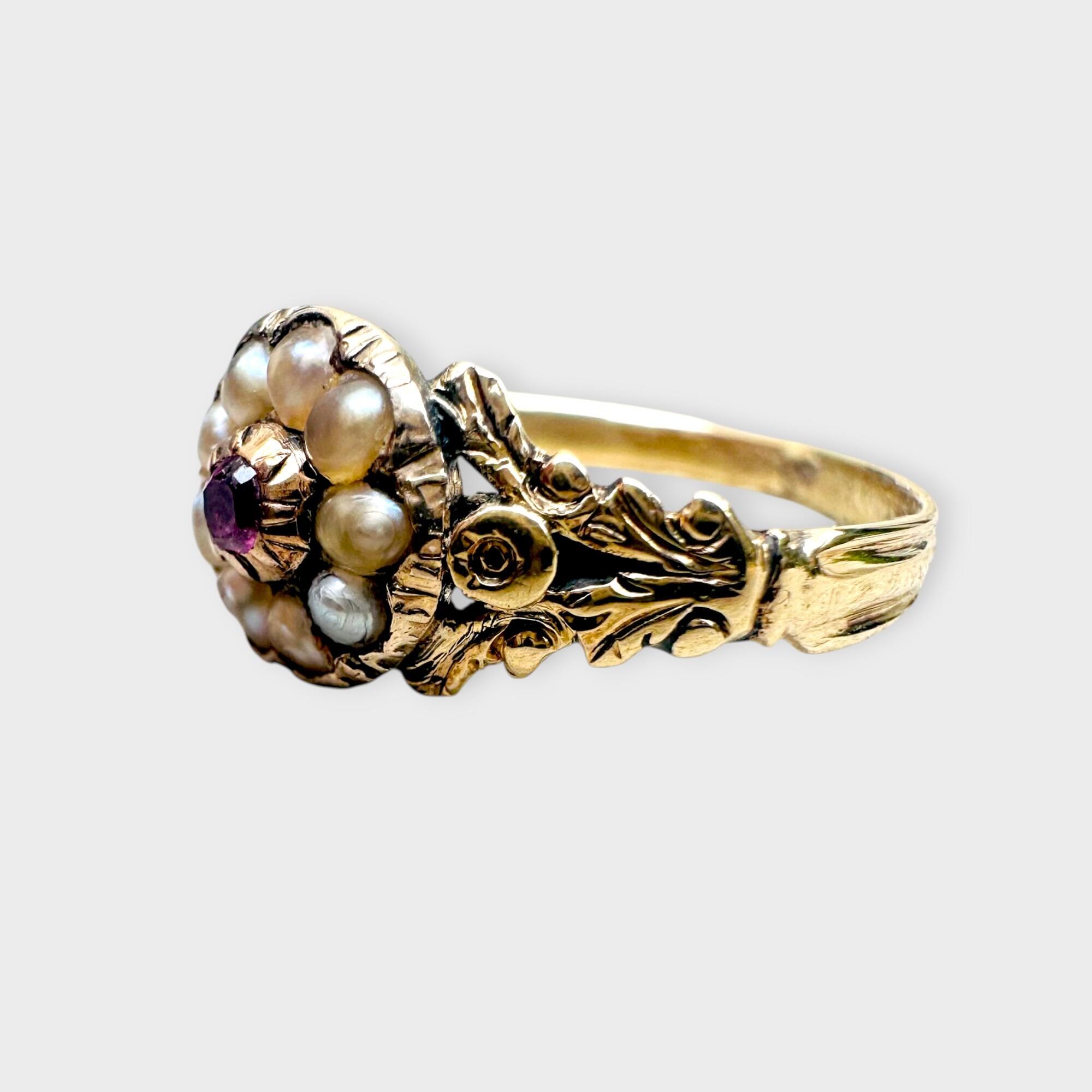 Victorian 15ct Gold Ruby & Pearl Ring - Antique Promise Jewelry