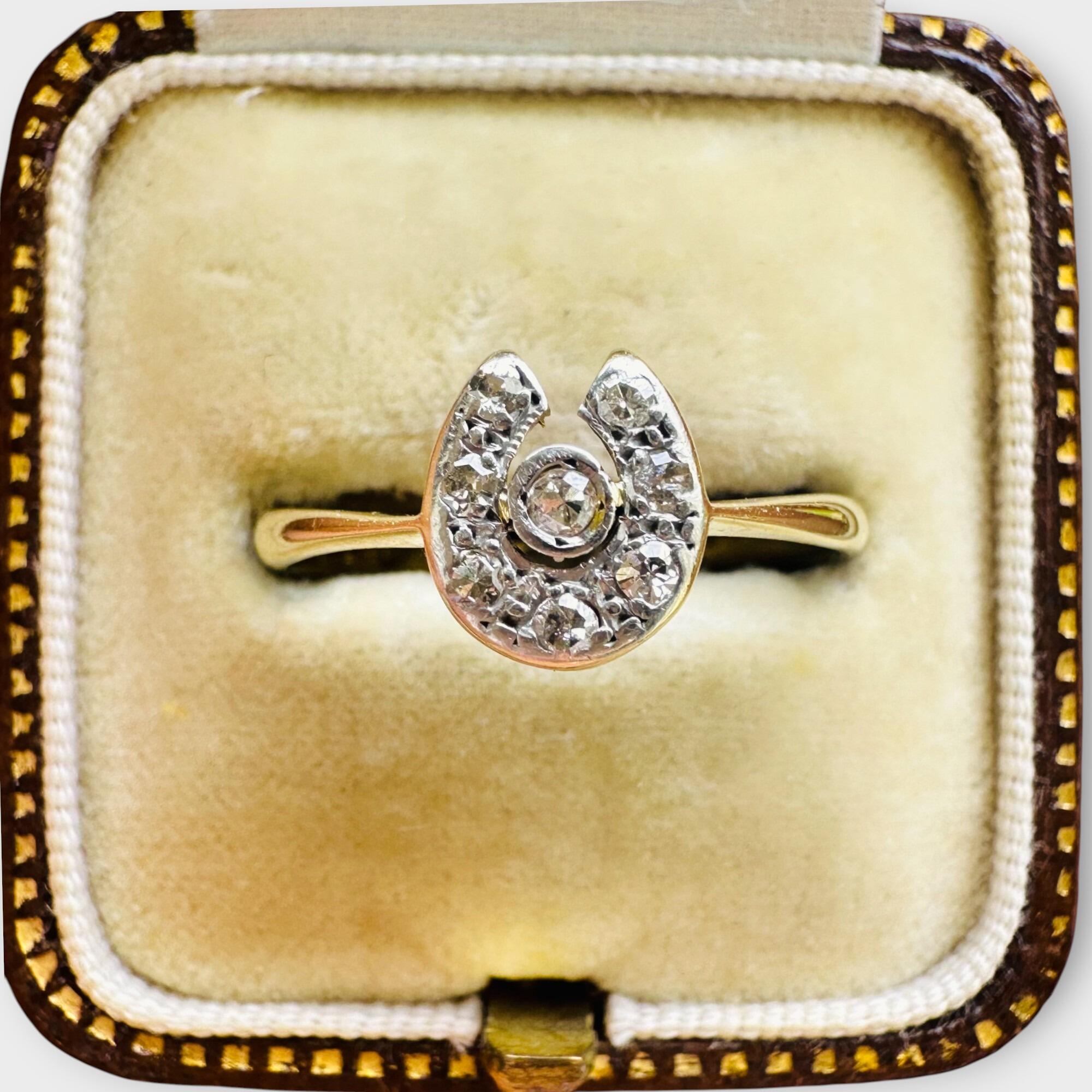 Art Deco Diamond Horseshoe Ring in 18k Gold & Platinum, Vintage Lucky Jewelry Piece