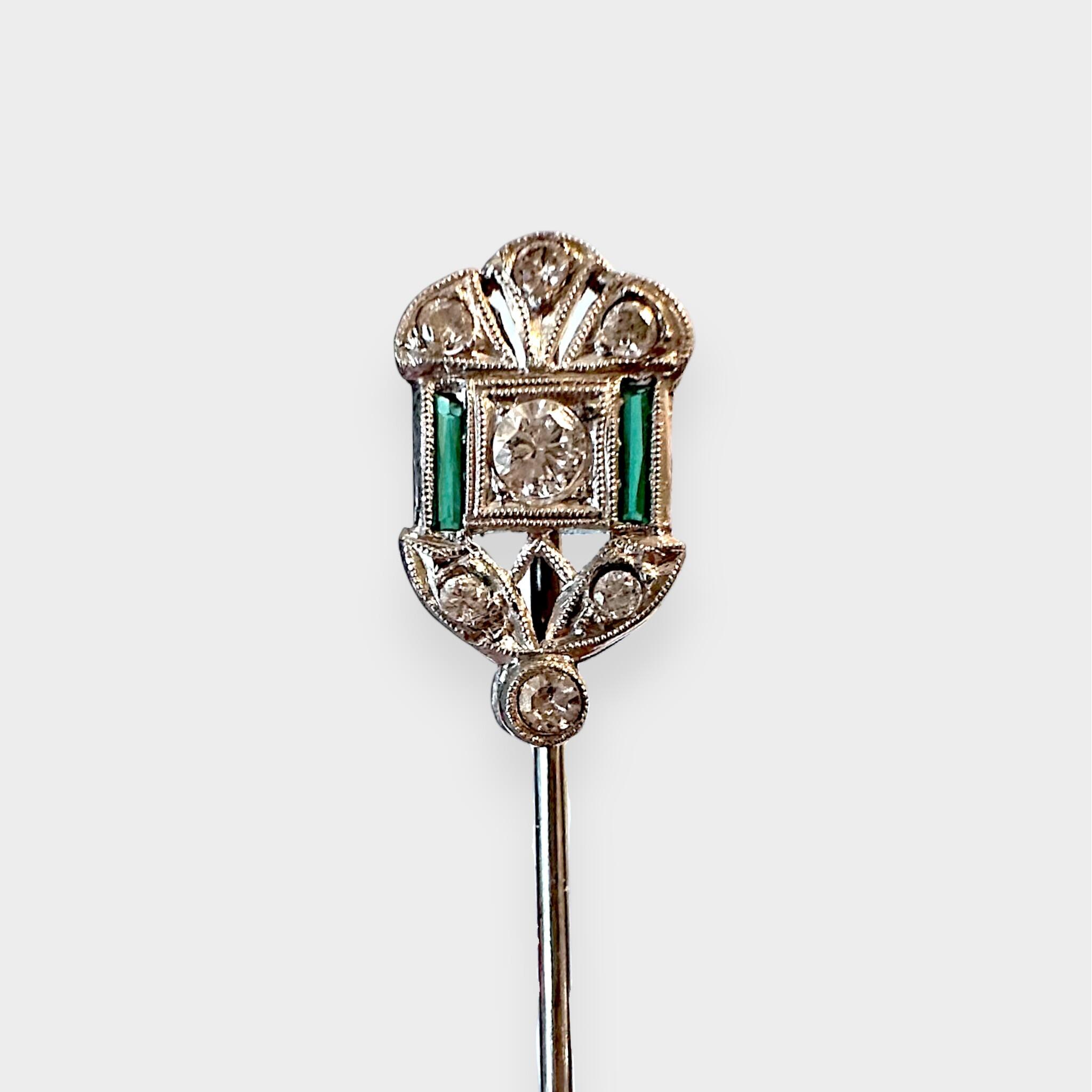 Art Deco Platinum Stick Pin with Emerald & Diamond, Geometric Antique ...