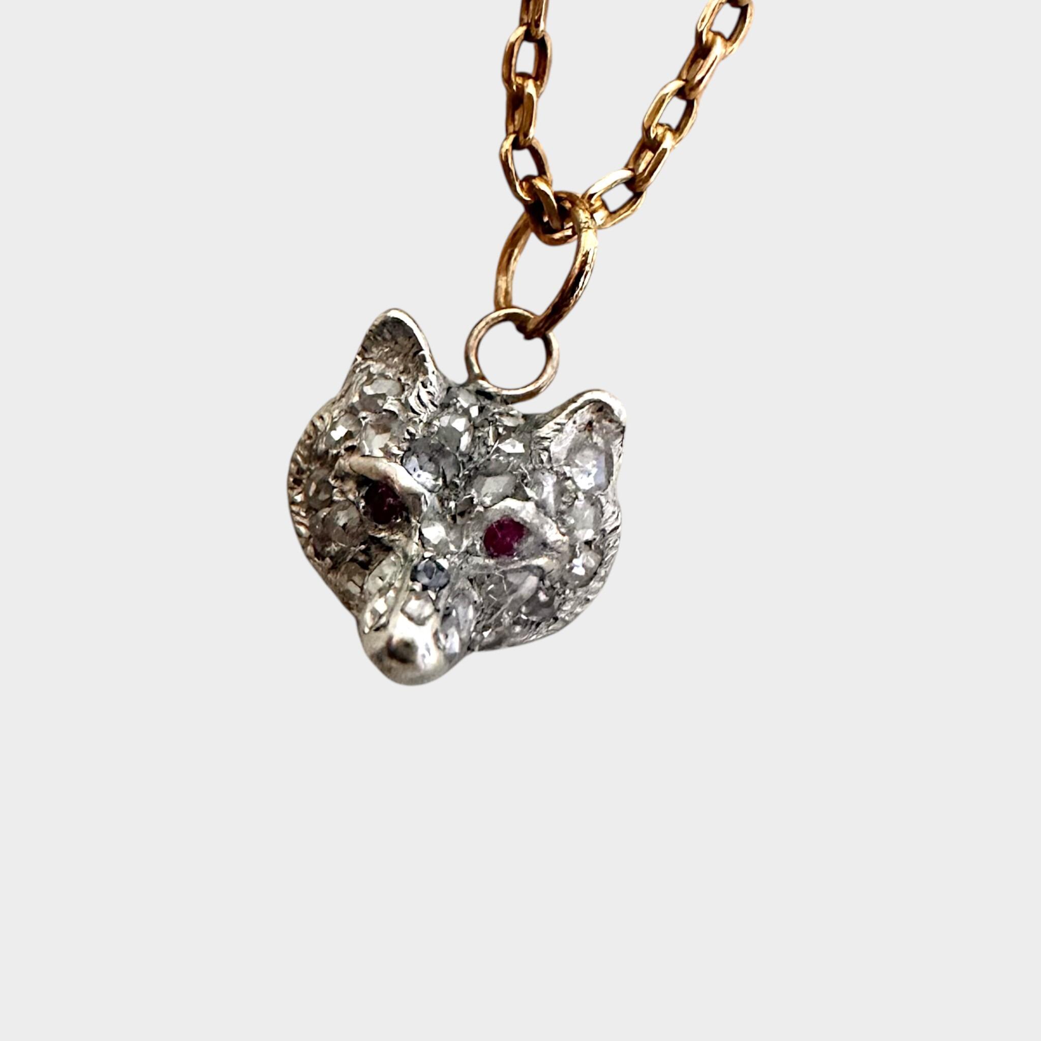 Antique Diamond Ruby Pendant: Enchanted Fox, Symbol of Wisdom and Fire