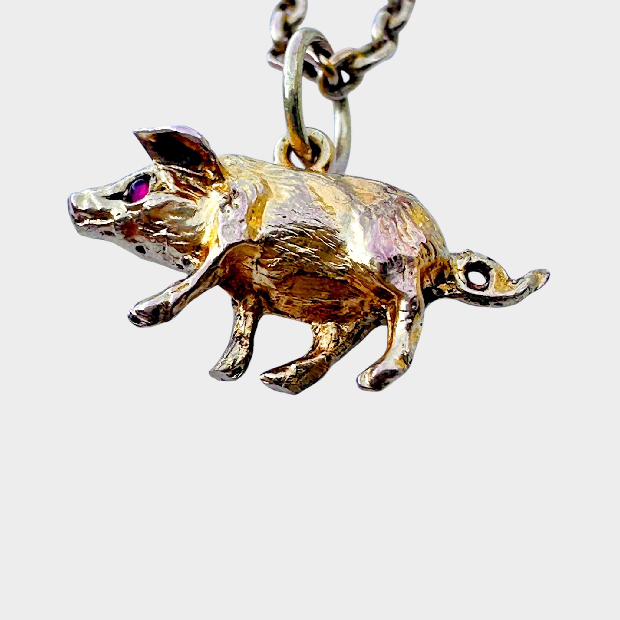 Victorian 9ct Gold Pig Charm with Ruby Eyes - Antique Animal Pendant