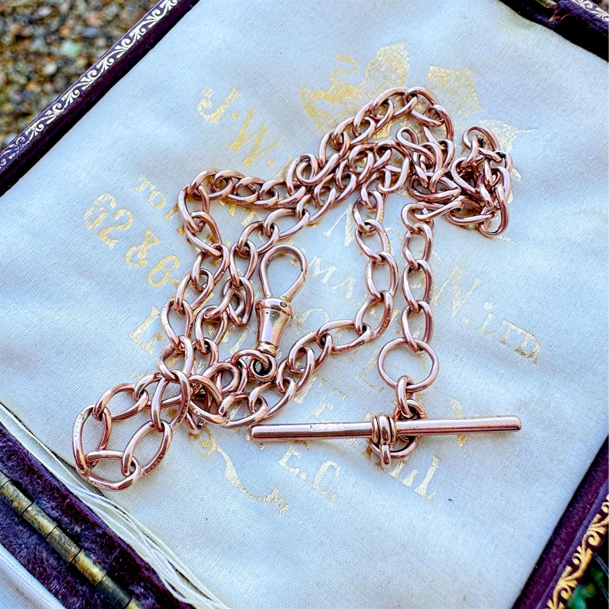 Antique 9ct Rose Gold Albert Chain, 45cm, T-Bar & Dog Clip, Vintage Jewelry