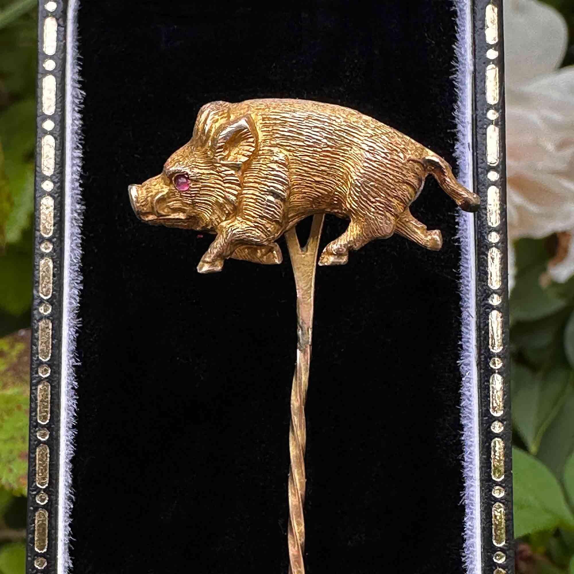 SOLD - Victorian 18ct gold & Ruby wild boar stick pin