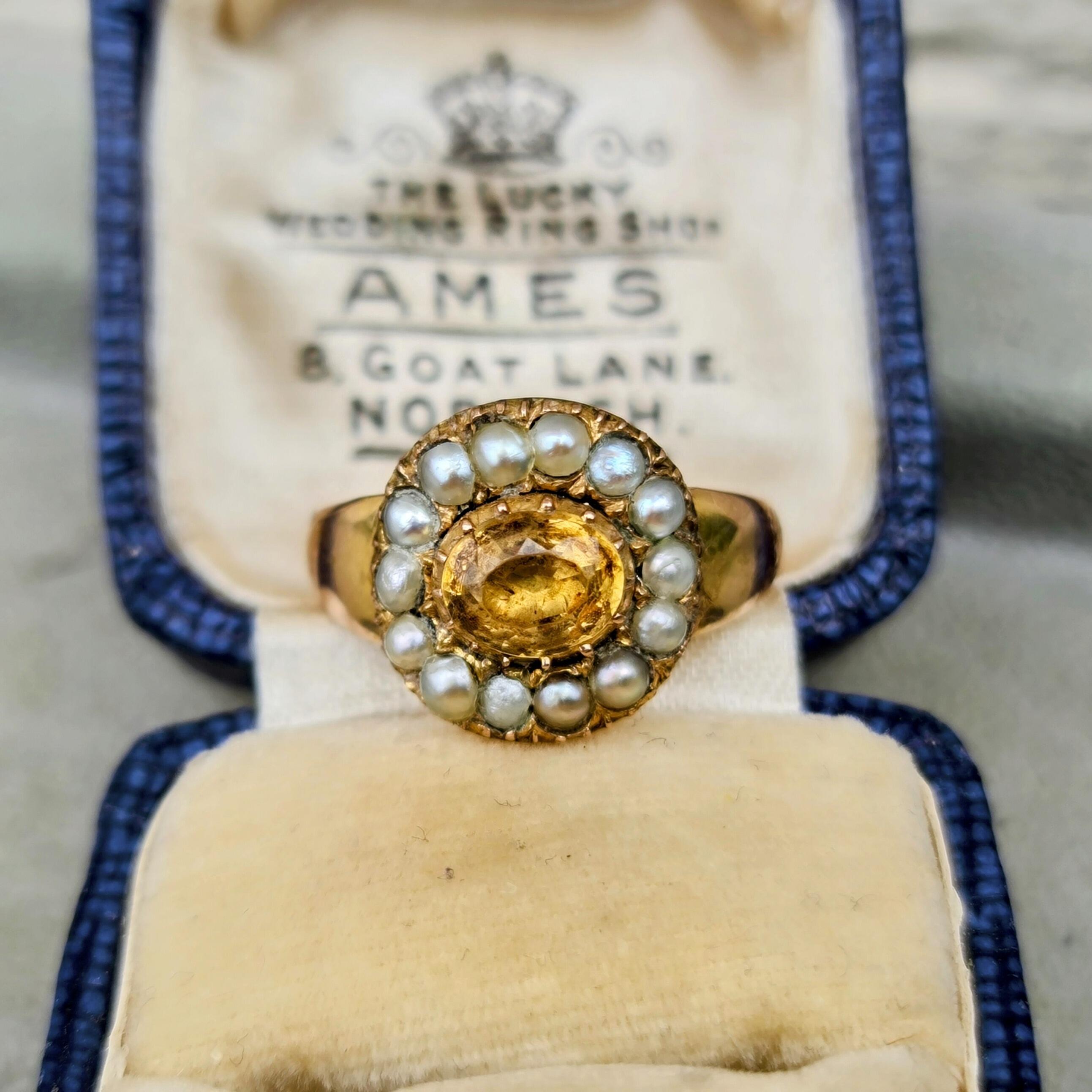 Georgian 18ct Gold Topaz and Pearl Cluster Ring